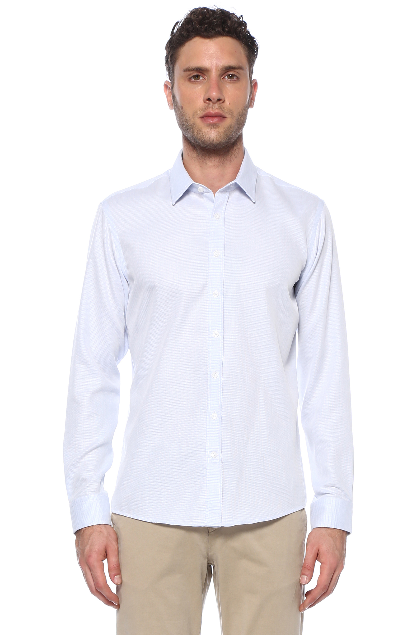Jakarlı Slim Fit Beyaz Mavi Gömlek Jakarlı Slim Fit Beyaz Mavi Gömlek