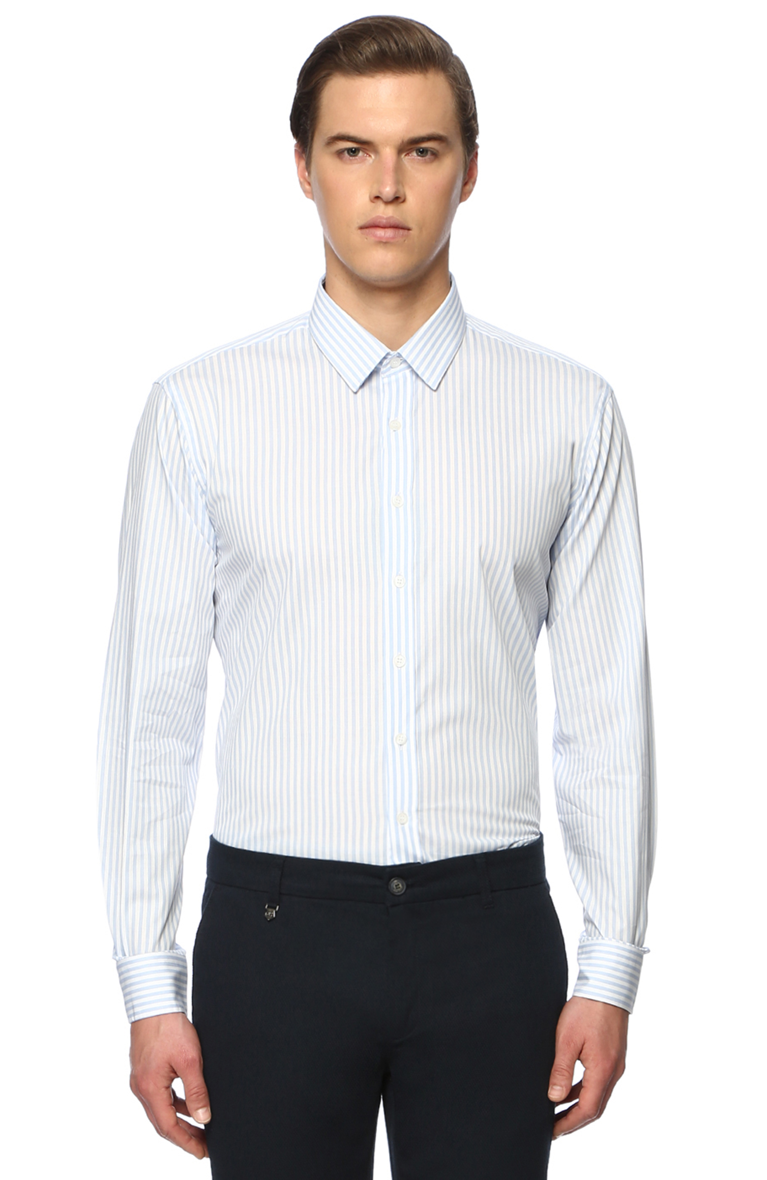 Balenli Uzun Kol Mavi Beyaz Gömlek