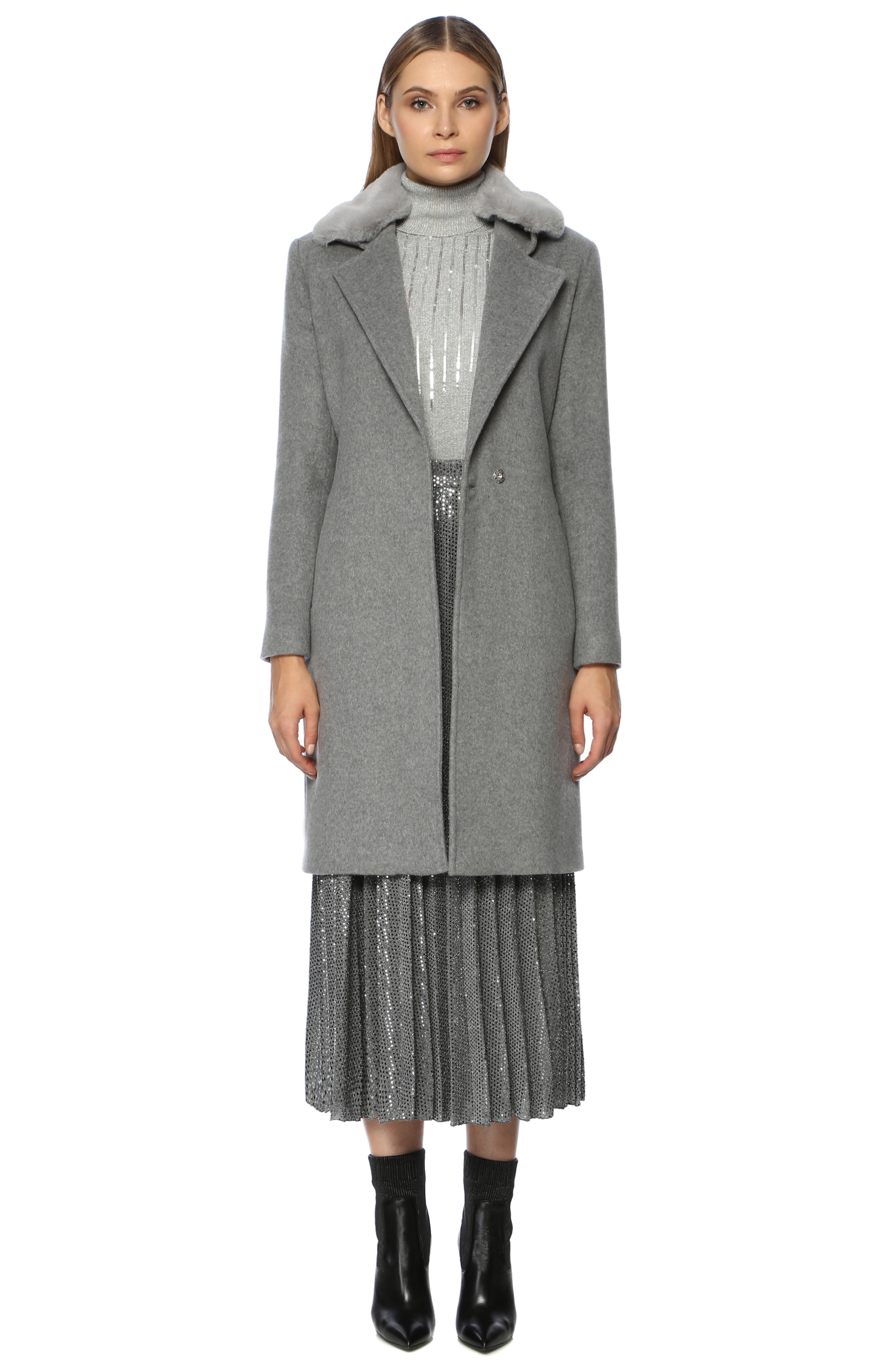 Yakası Kürklü Kruvaze Kapama Gri Melanj Manto