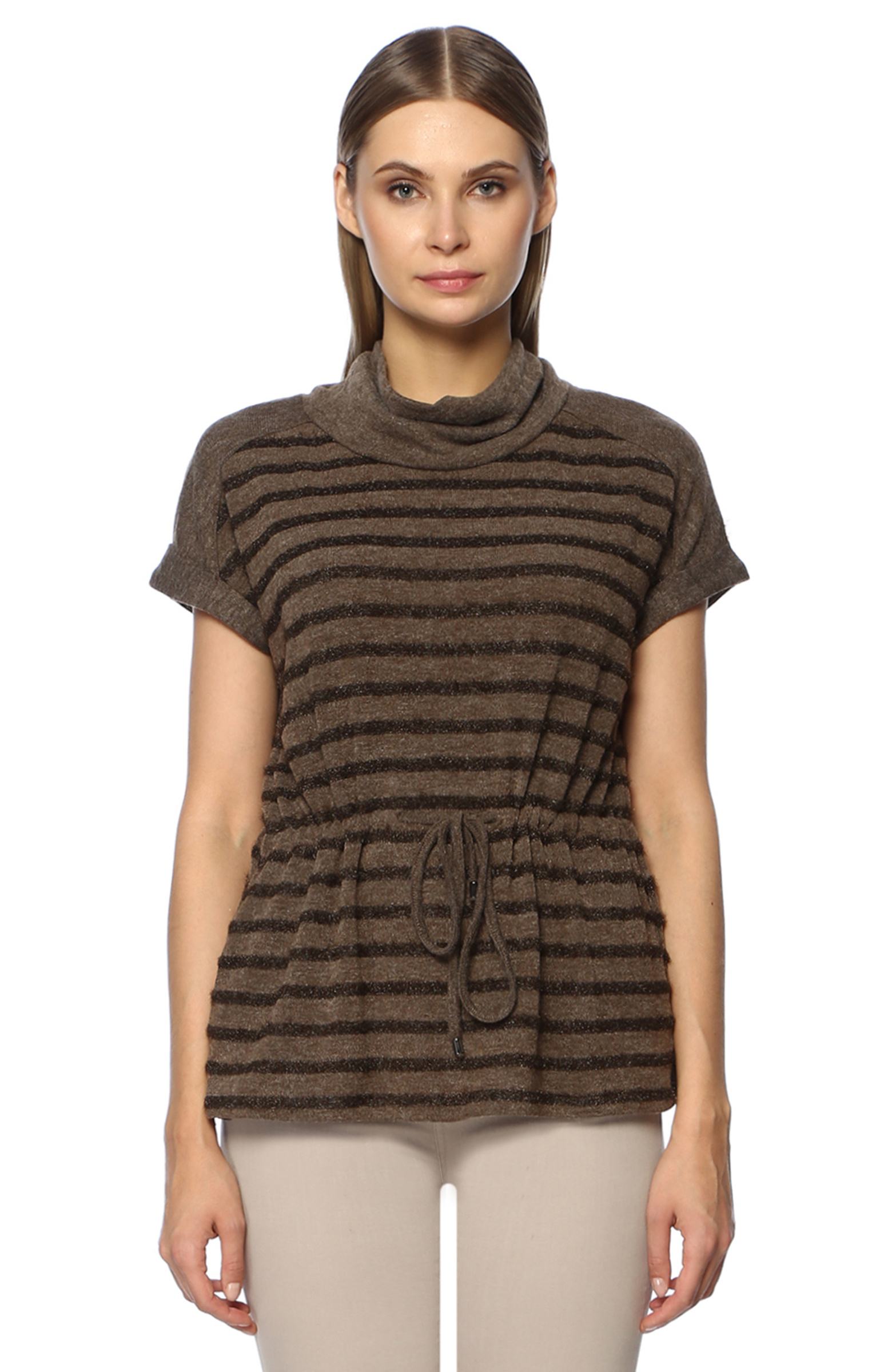 Çizgili Kısa Kol Kahverengi Bluz