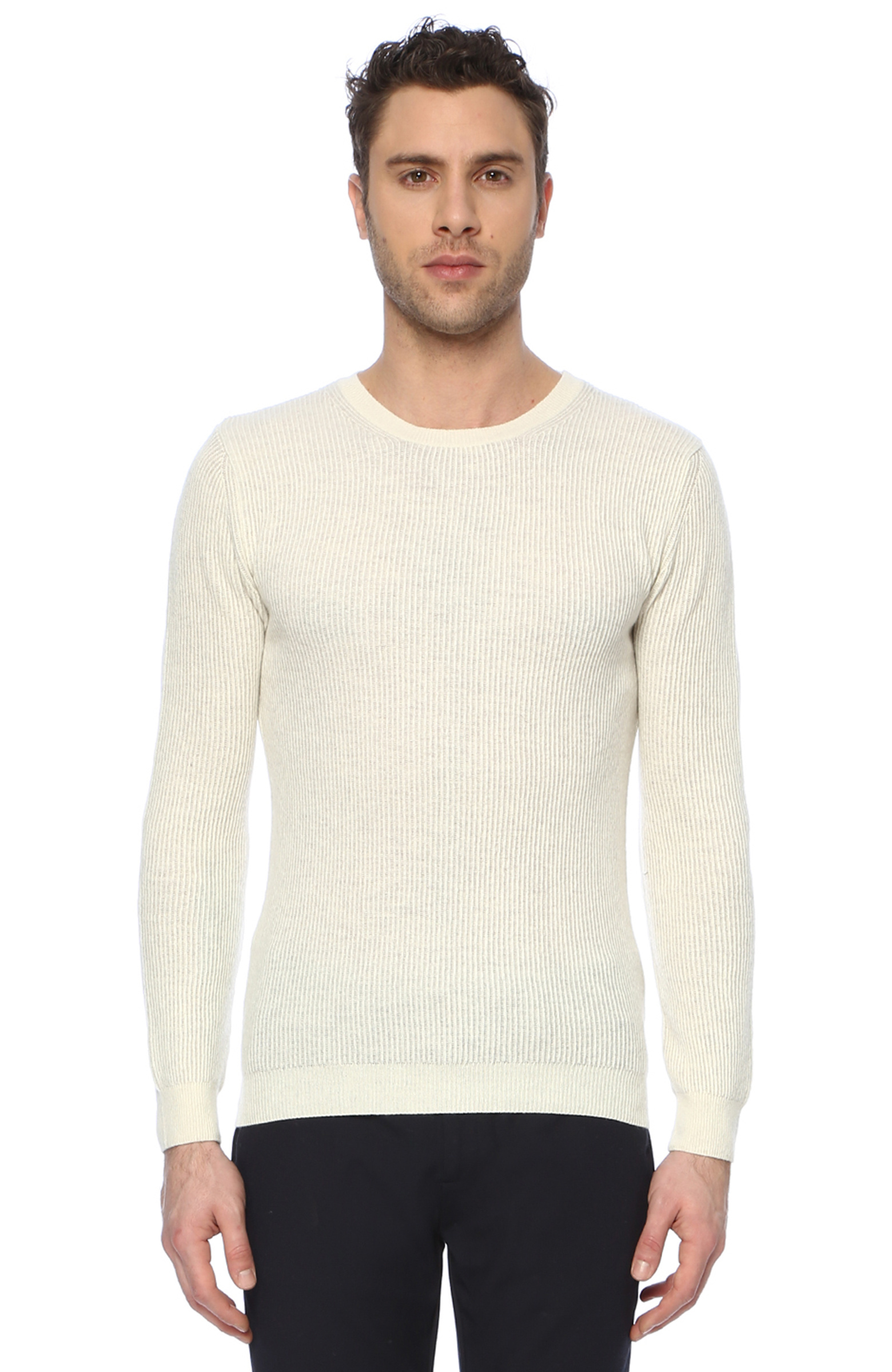 Çizgili Uzun Kol Ekru Bej Kazak