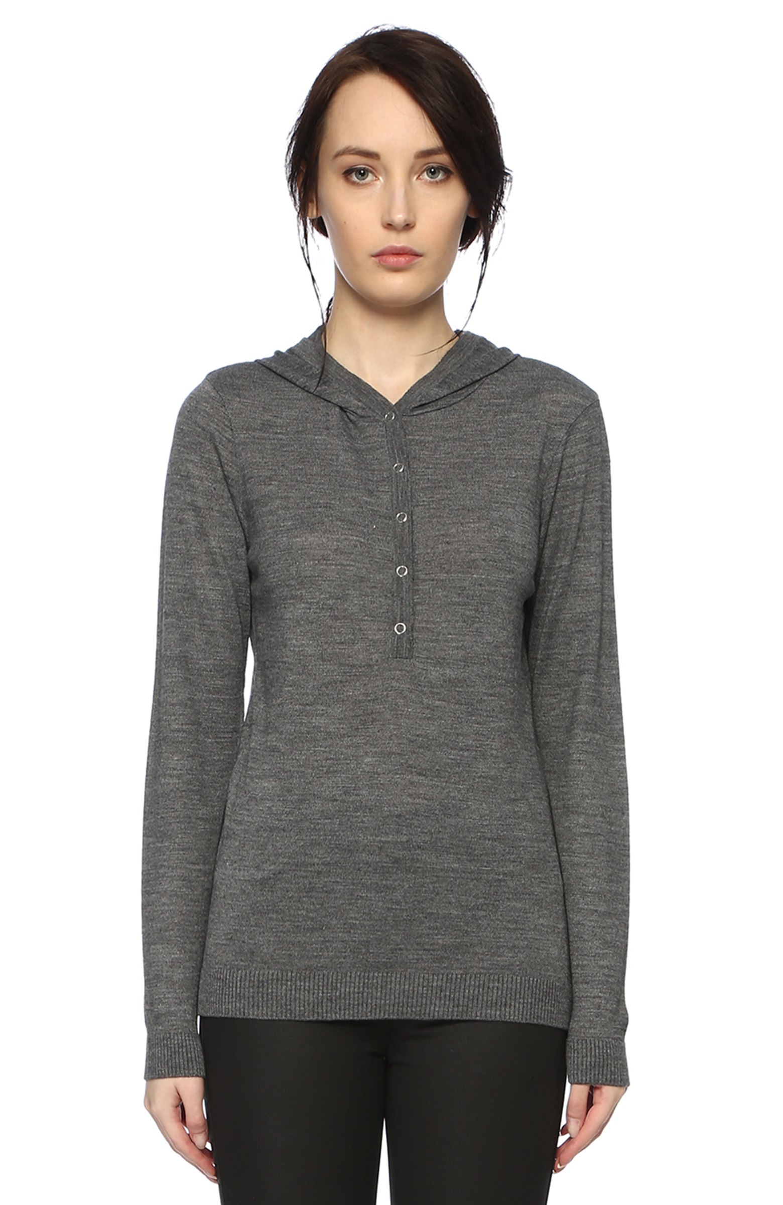 Kapüşon Yaka Gri Melanj Kazak