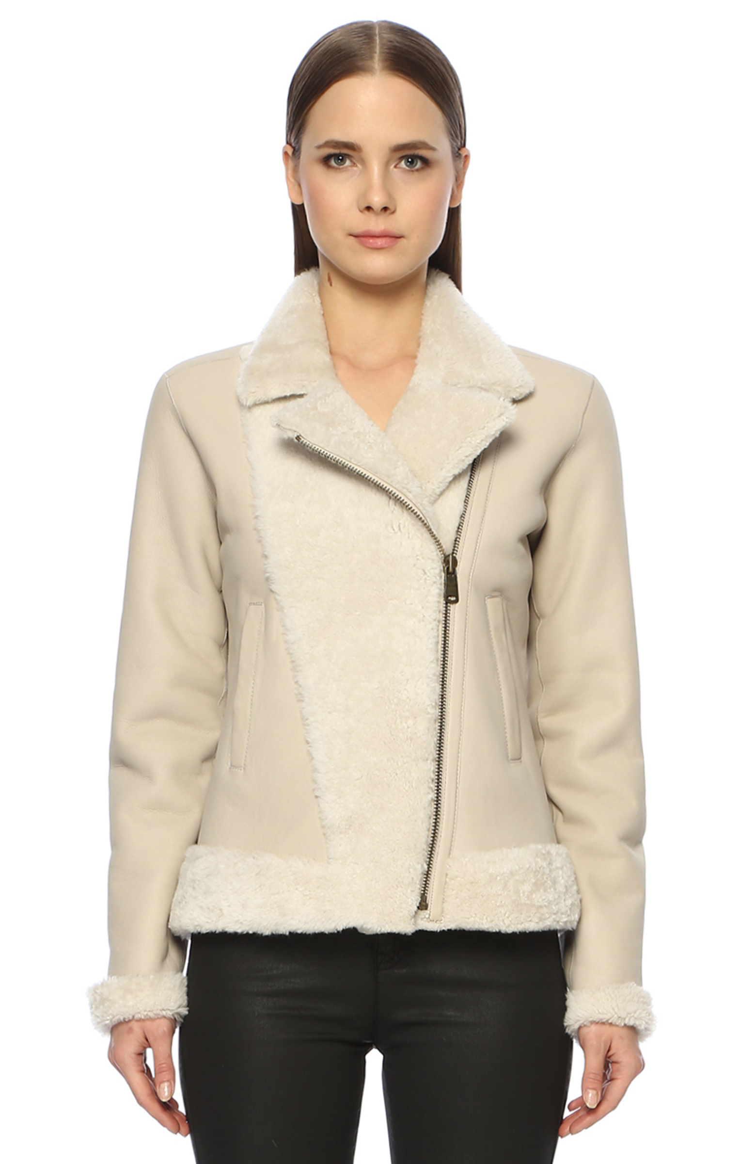 Slim Fit Ekru Deri Mont Slim Fit Ekru Deri Mont