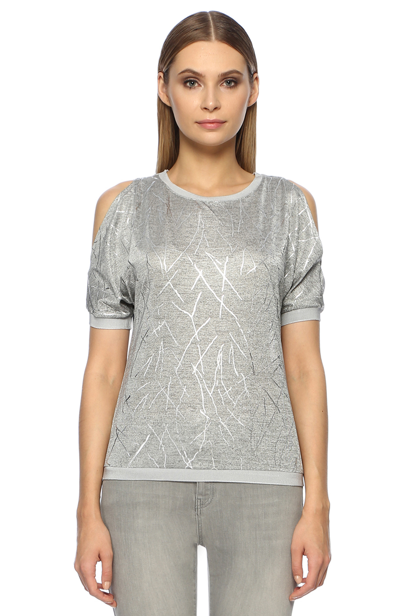 Gri Melanj Bisiklet Yaka Baskılı Bluz