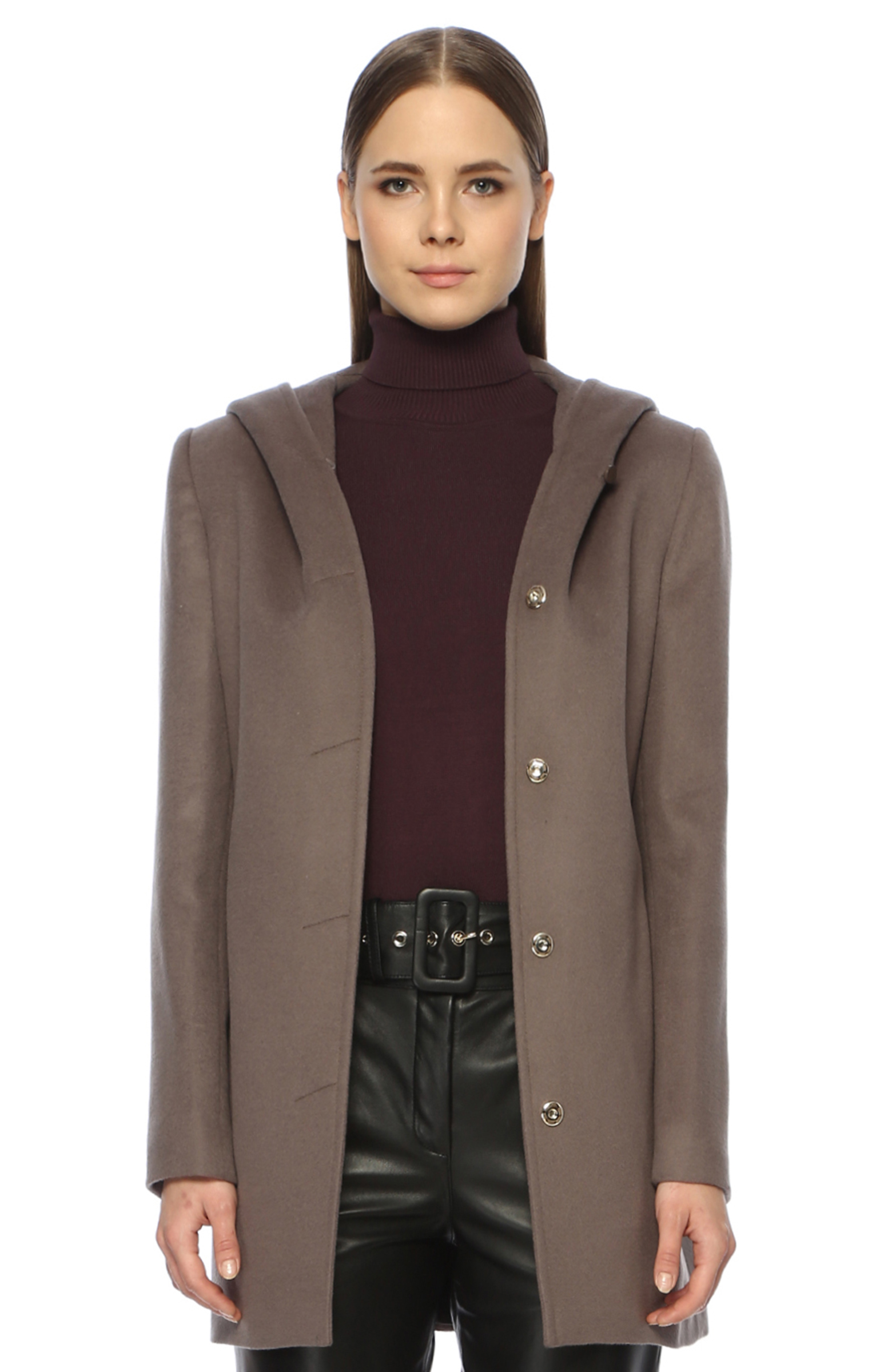 Kapüşonlu Yaka Vizon Kaban