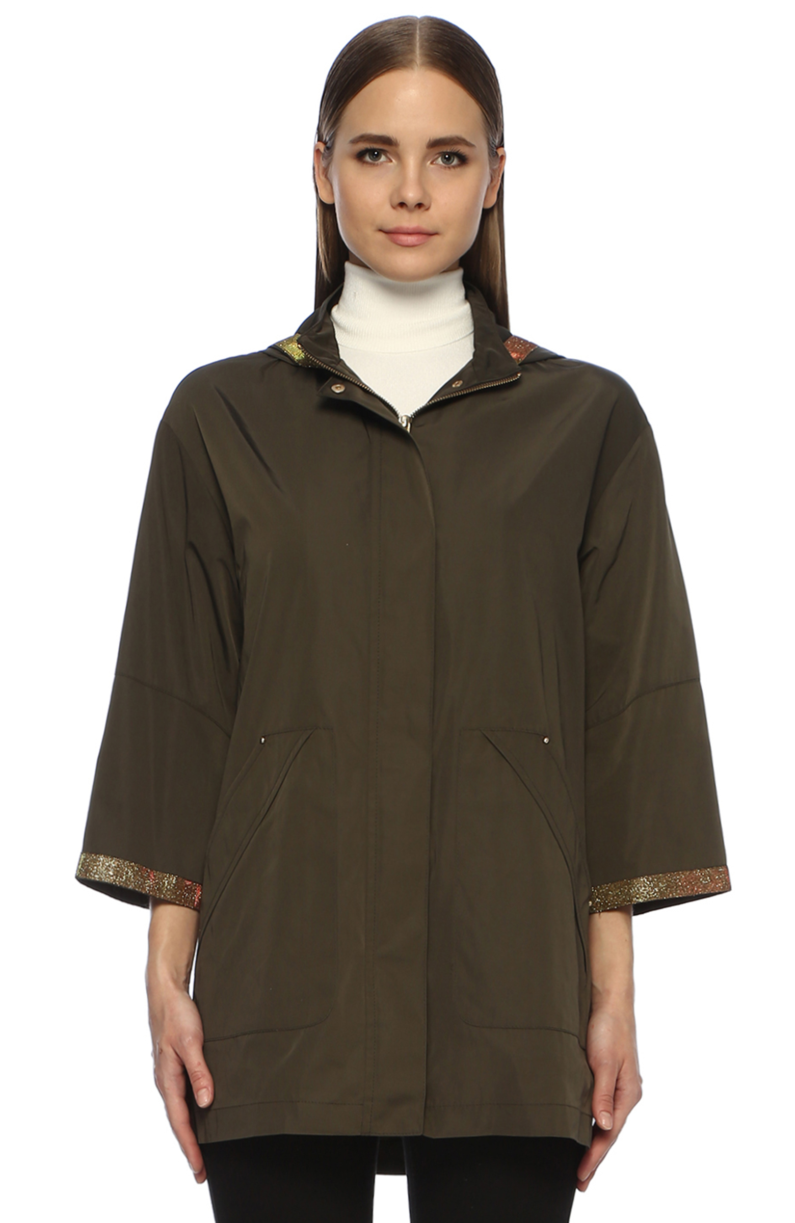 Simli Şerit Detaylı Haki Pardösü Simli Şerit Detaylı Haki Pardösü