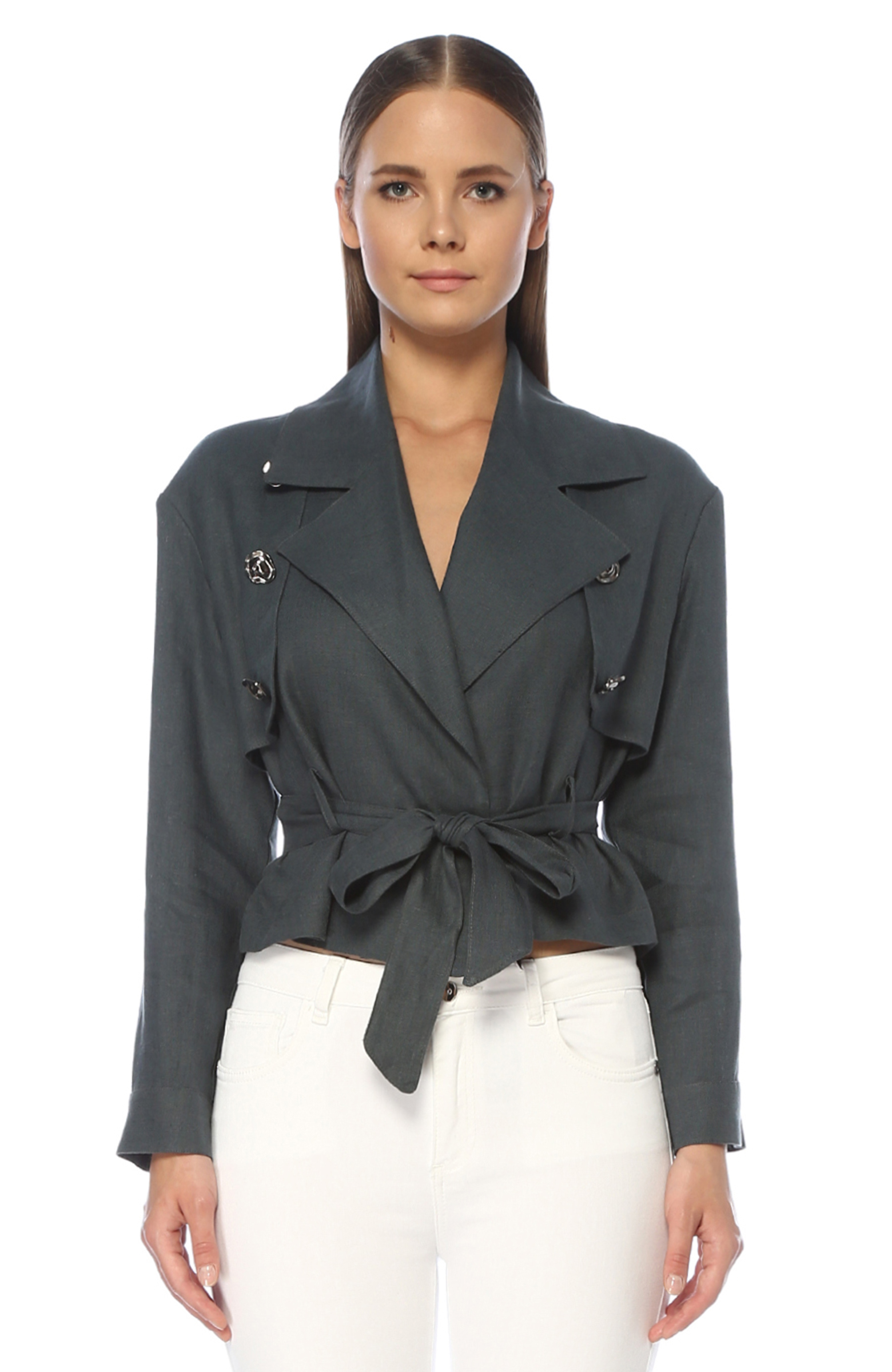 Mavi Kelebek Yaka Düğme Detaylı Keten Ceket Mavi Kelebek Yaka Düğme Detaylı Keten Ceket