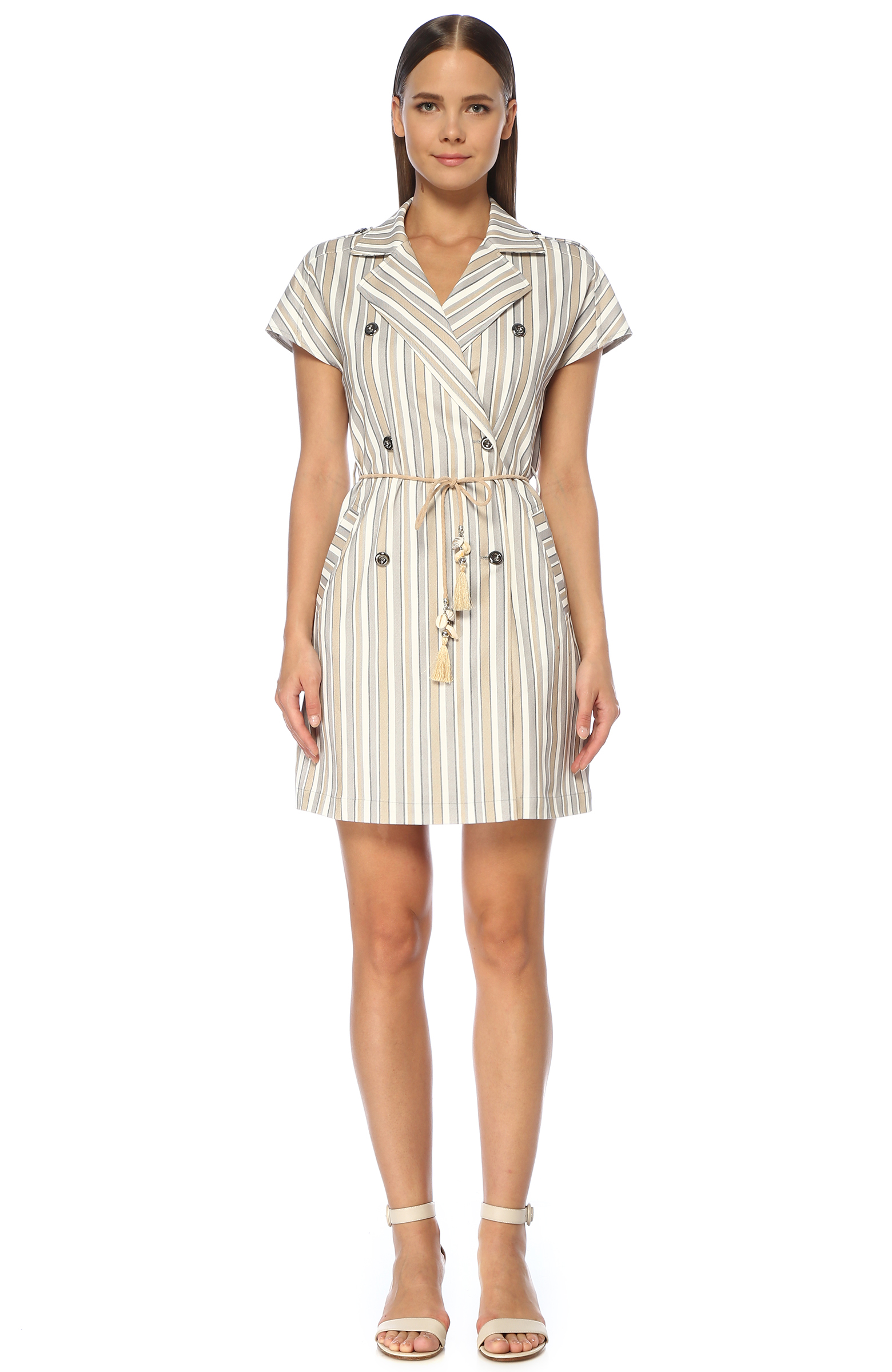 Ekru Bej Çizgili Kelebek Yaka Mini Elbise Ekru Bej Çizgili Kelebek Yaka Mini Elbise