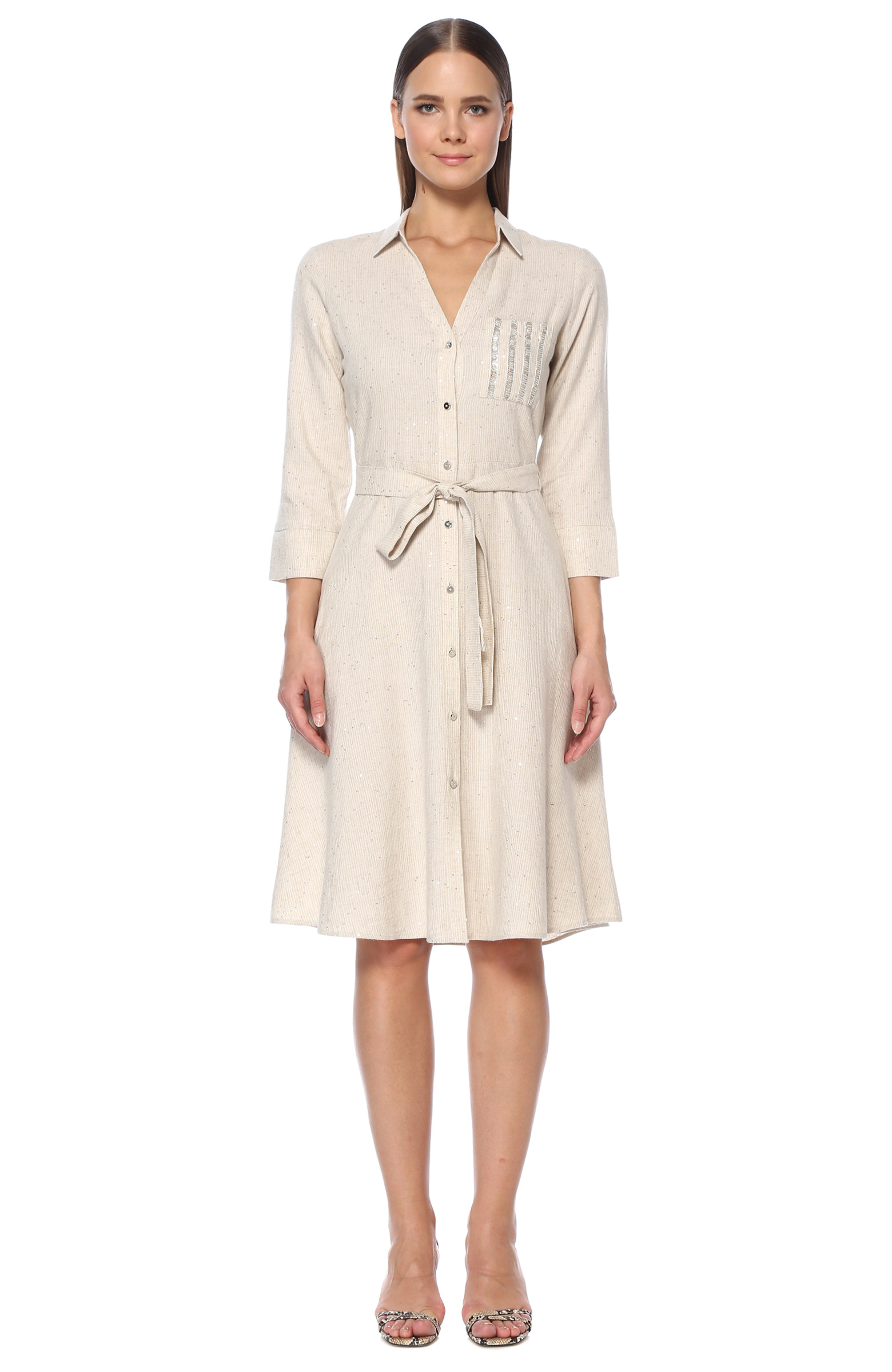 Bej Yaka Detaylı Mini Elbise