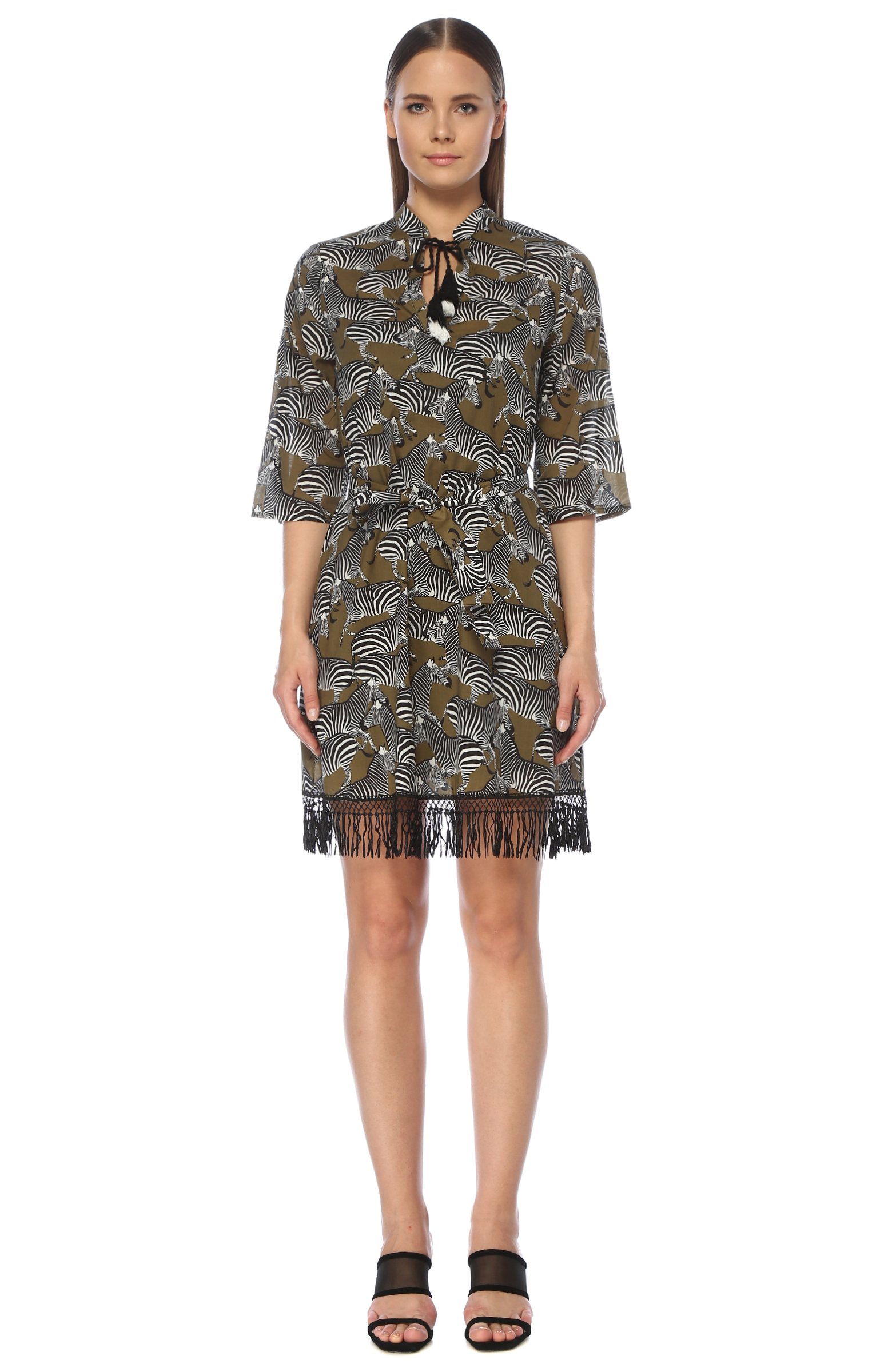 Haki Siyah Zebra Desenli Mini Elbise Haki Siyah Zebra Desenli Mini Elbise