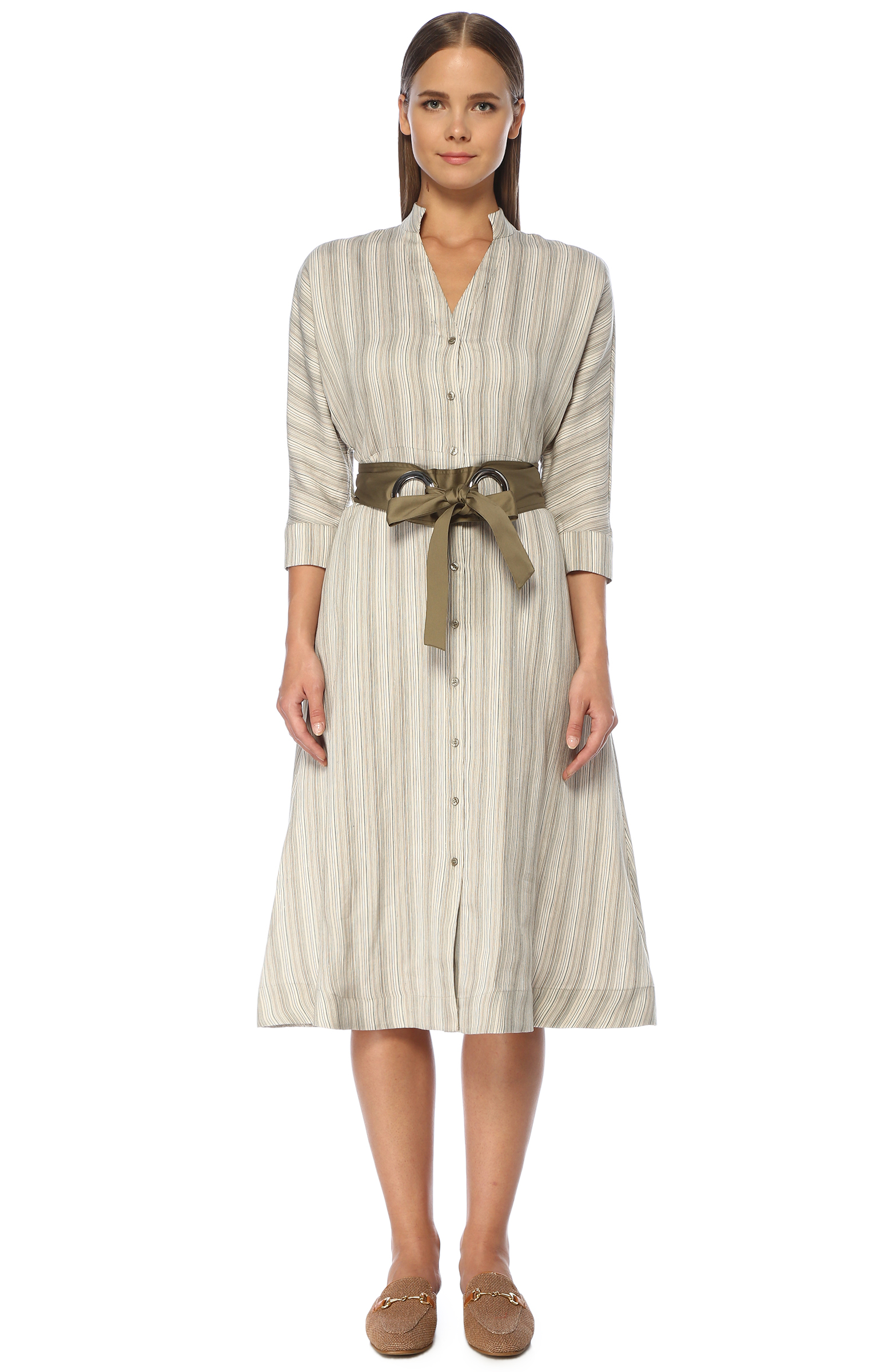 Bej Siyah V Yaka Çizgili Midi Keten Elbise