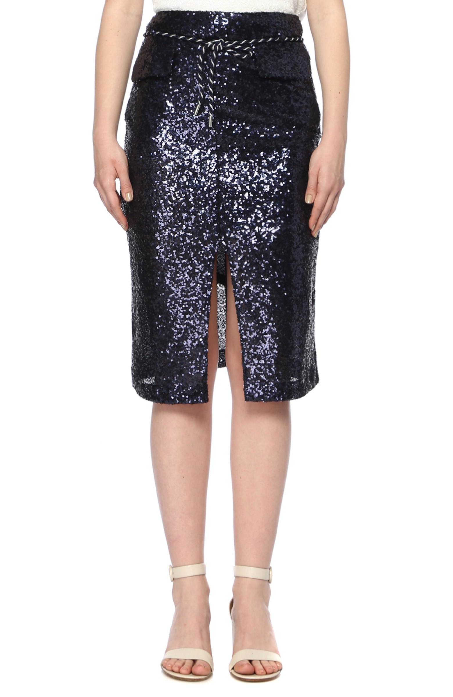 Lacivert Yırtmaçlı Payetli Midi Etek