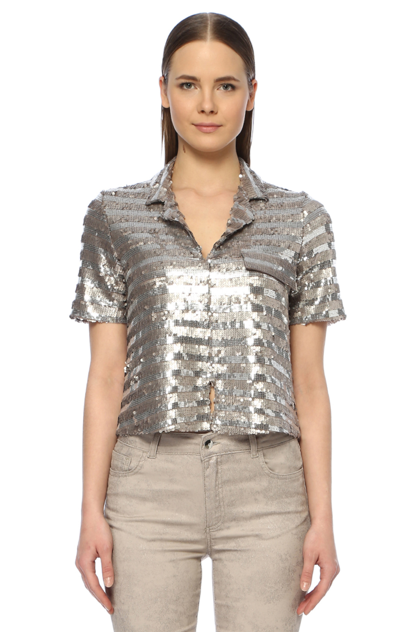 Basic Fit Gri Payetli Apaç Yaka Bluz Basic Fit Gri Payetli Apaç Yaka Bluz