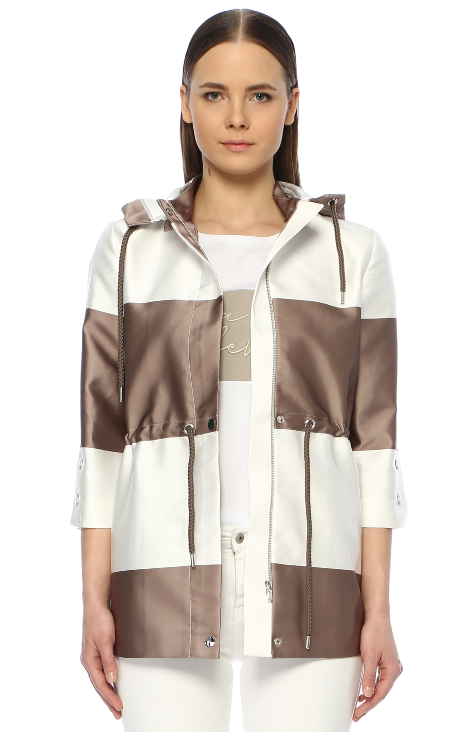 Basic Fit Beyaz Bej Kapüşonlu Mont