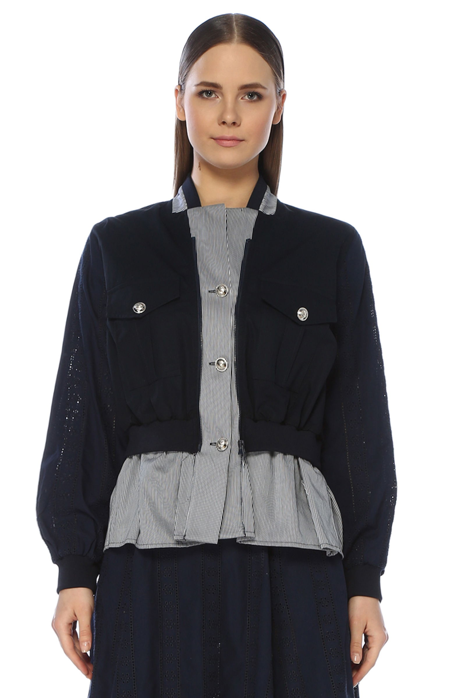 Lacivert Dik Yaka Cropped Mont