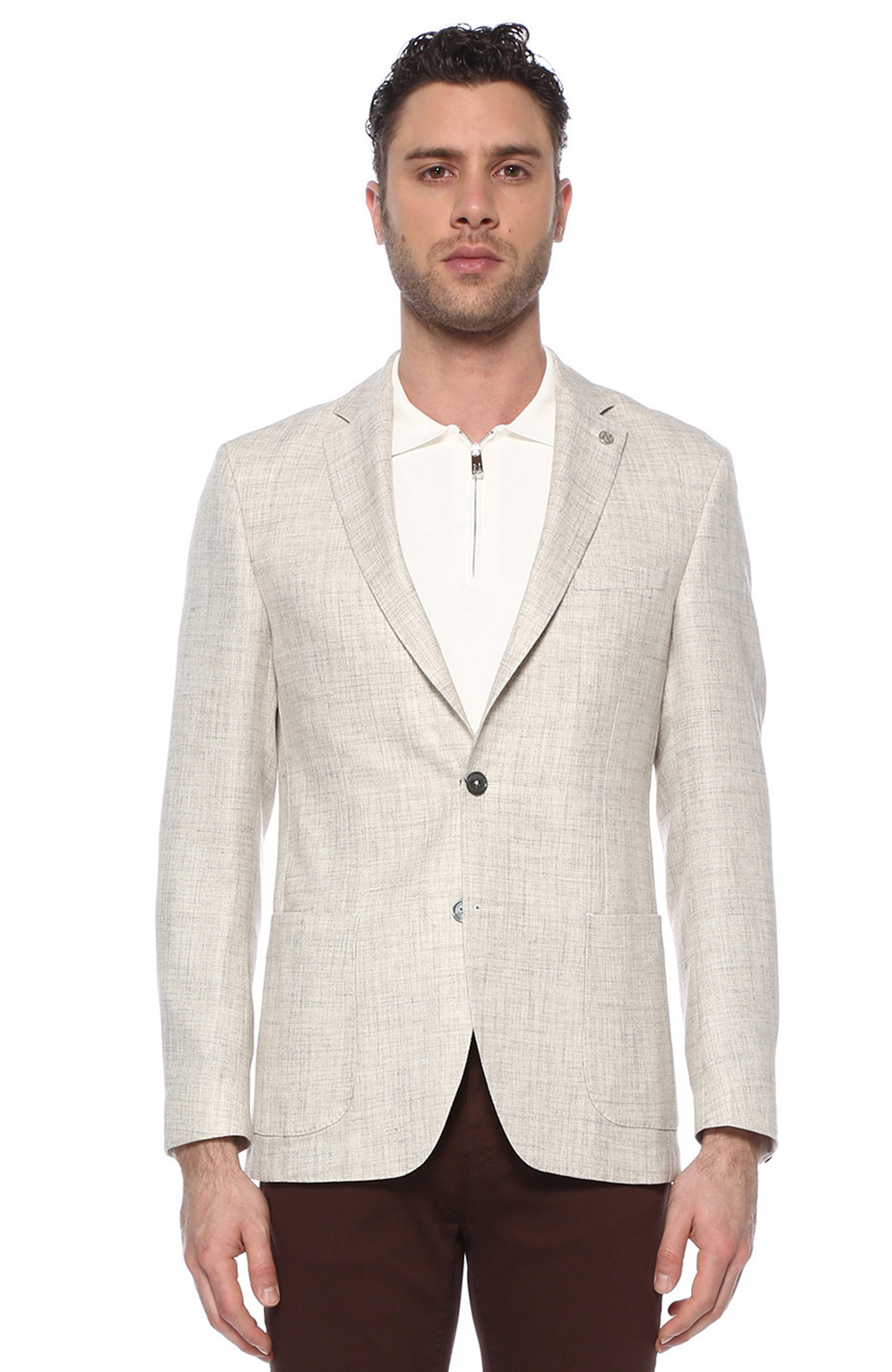 Bej Kelebek Yaka Desenli Yün Ceket