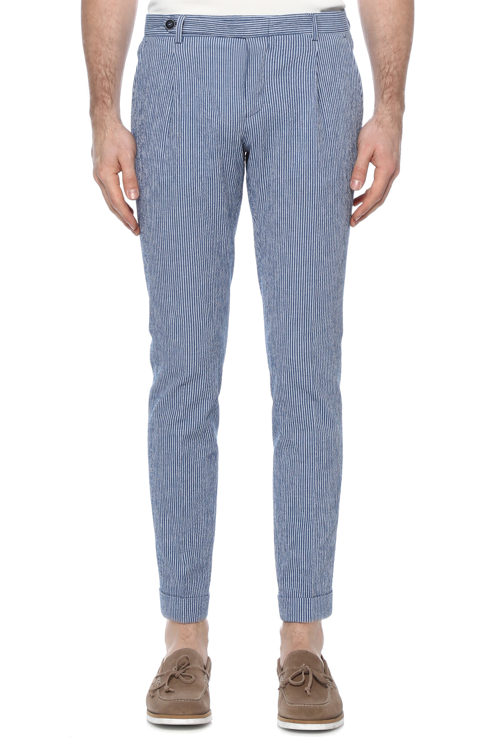 Slim Fit Mavi Çizgili Pantolon