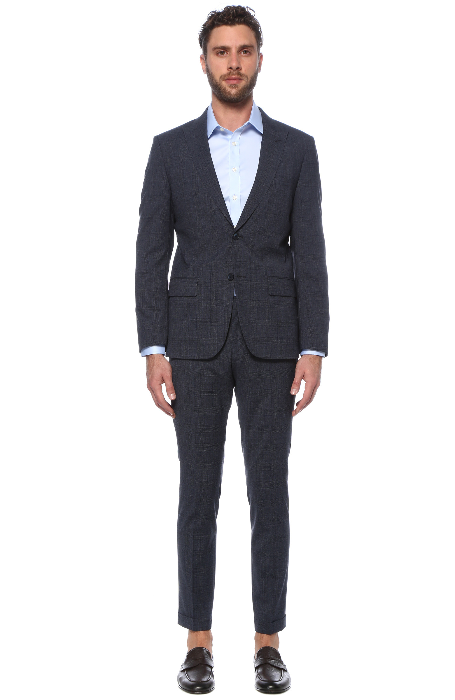 Slim Fit Gri Ekose Desenli Takım Elbise