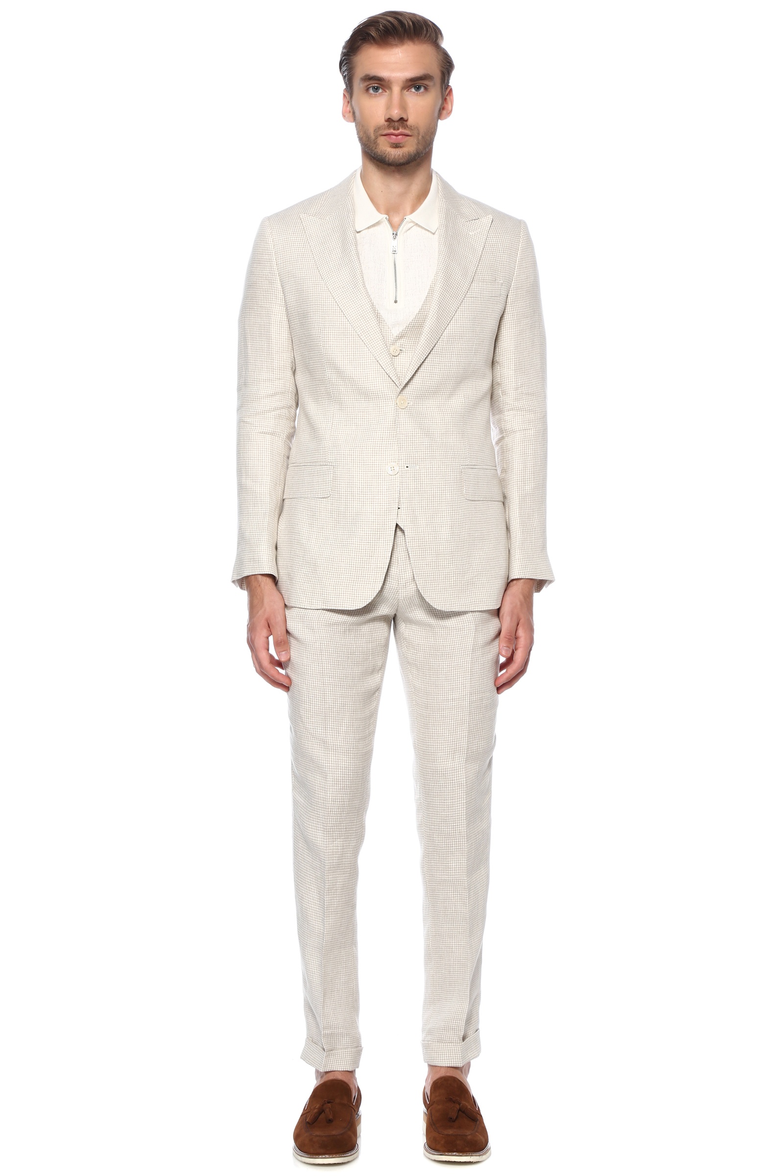 Slim Fit Bej Desenli Yelekli Keten Takım Elbise Slim Fit Bej Desenli Yelekli Keten Takım Elbise