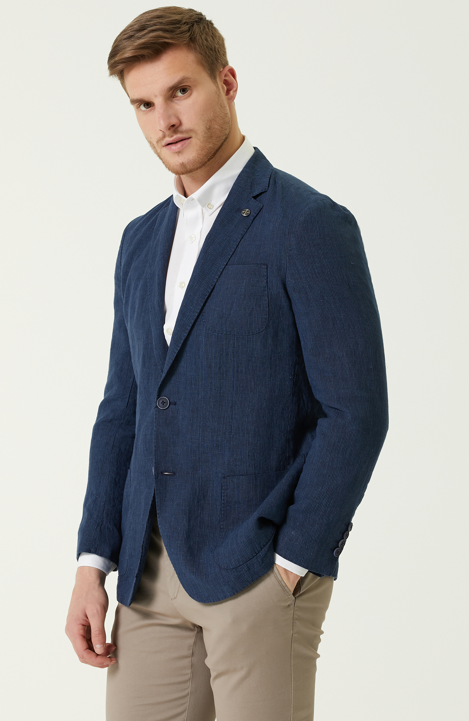 Lacivert Çizgili Keten Ceket Lacivert Çizgili Keten Ceket