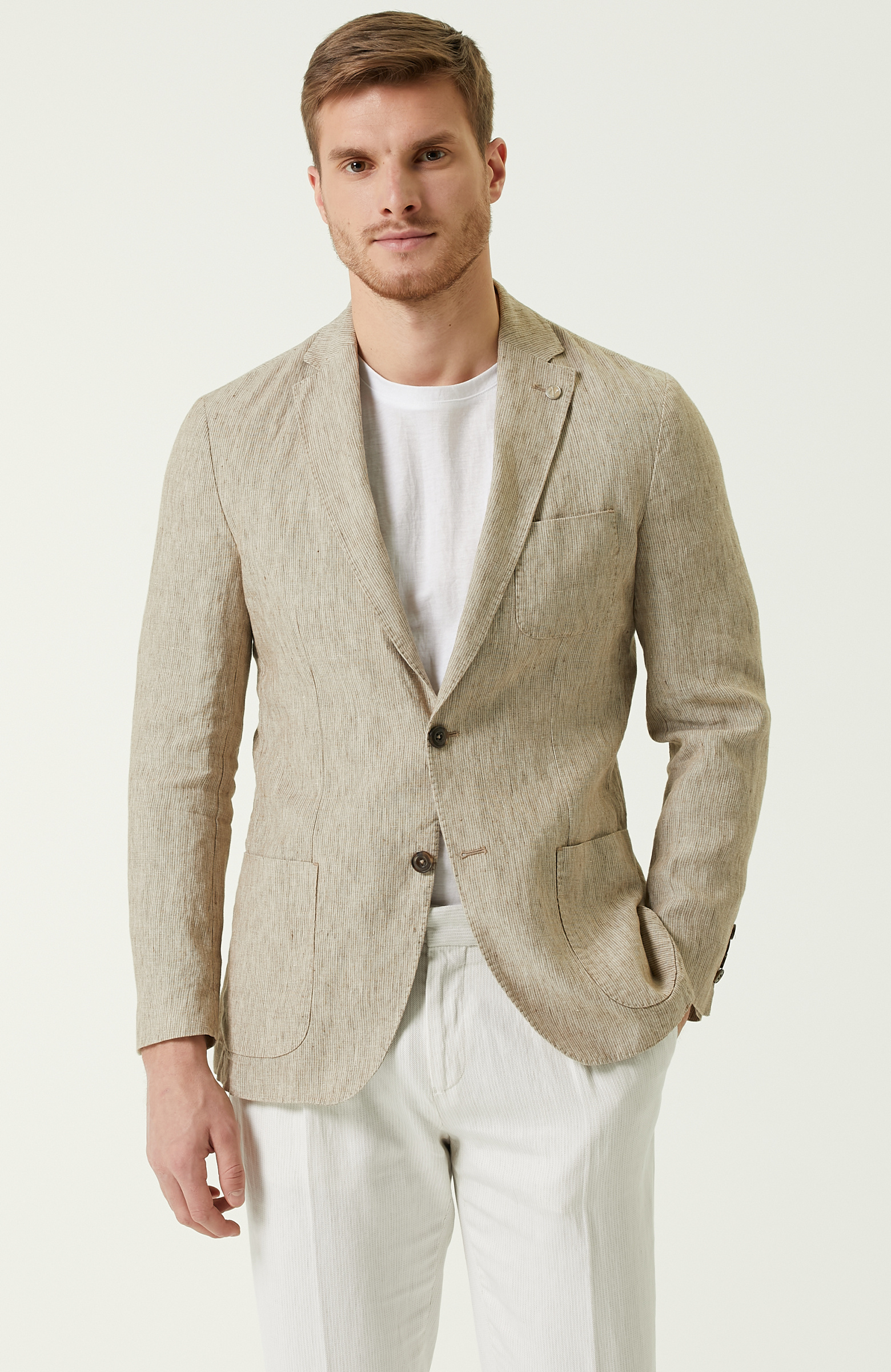 Bej Çizgili Keten Ceket