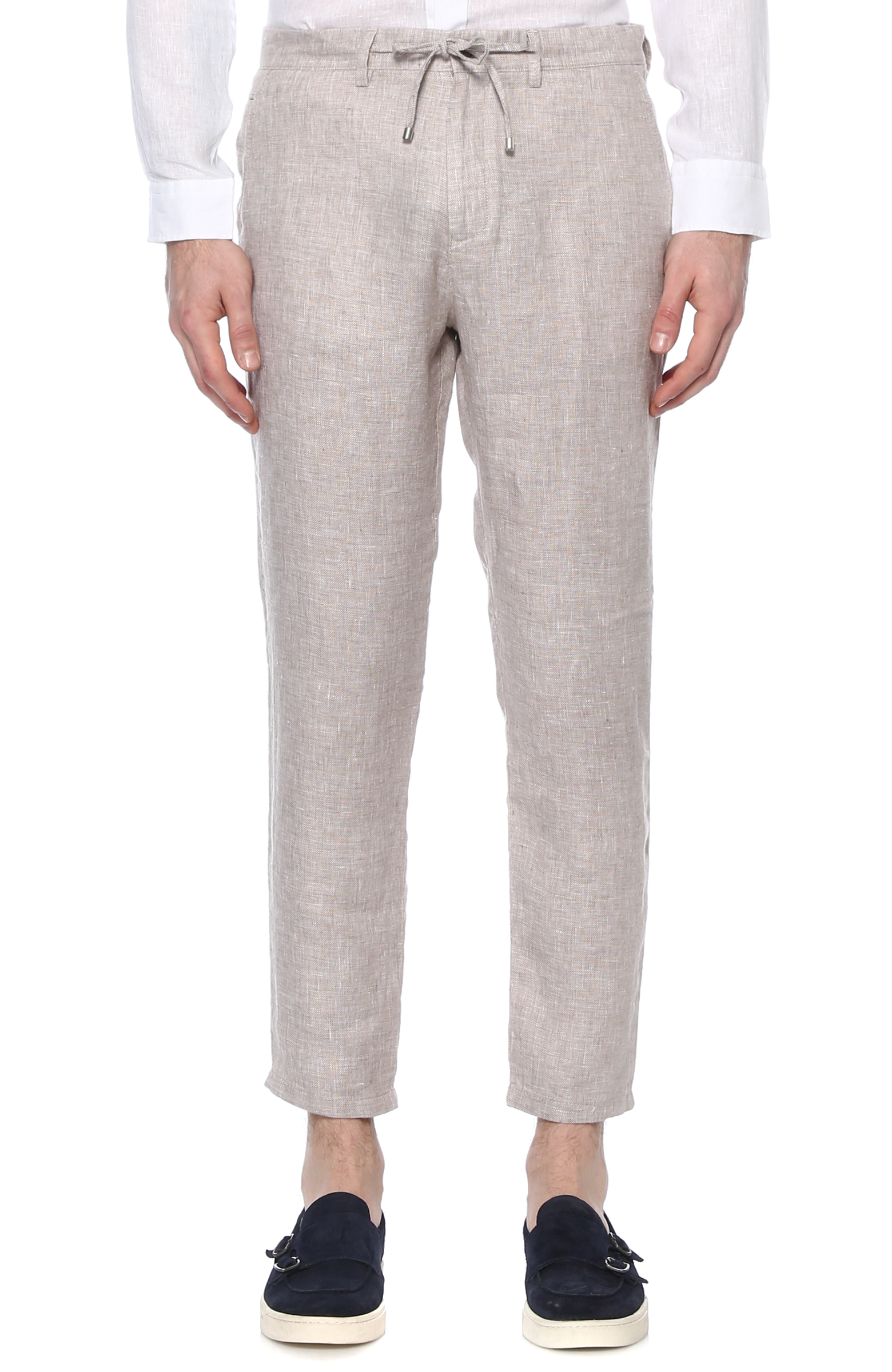 Regular Fit Bej Kordonlu Keten Pantolon