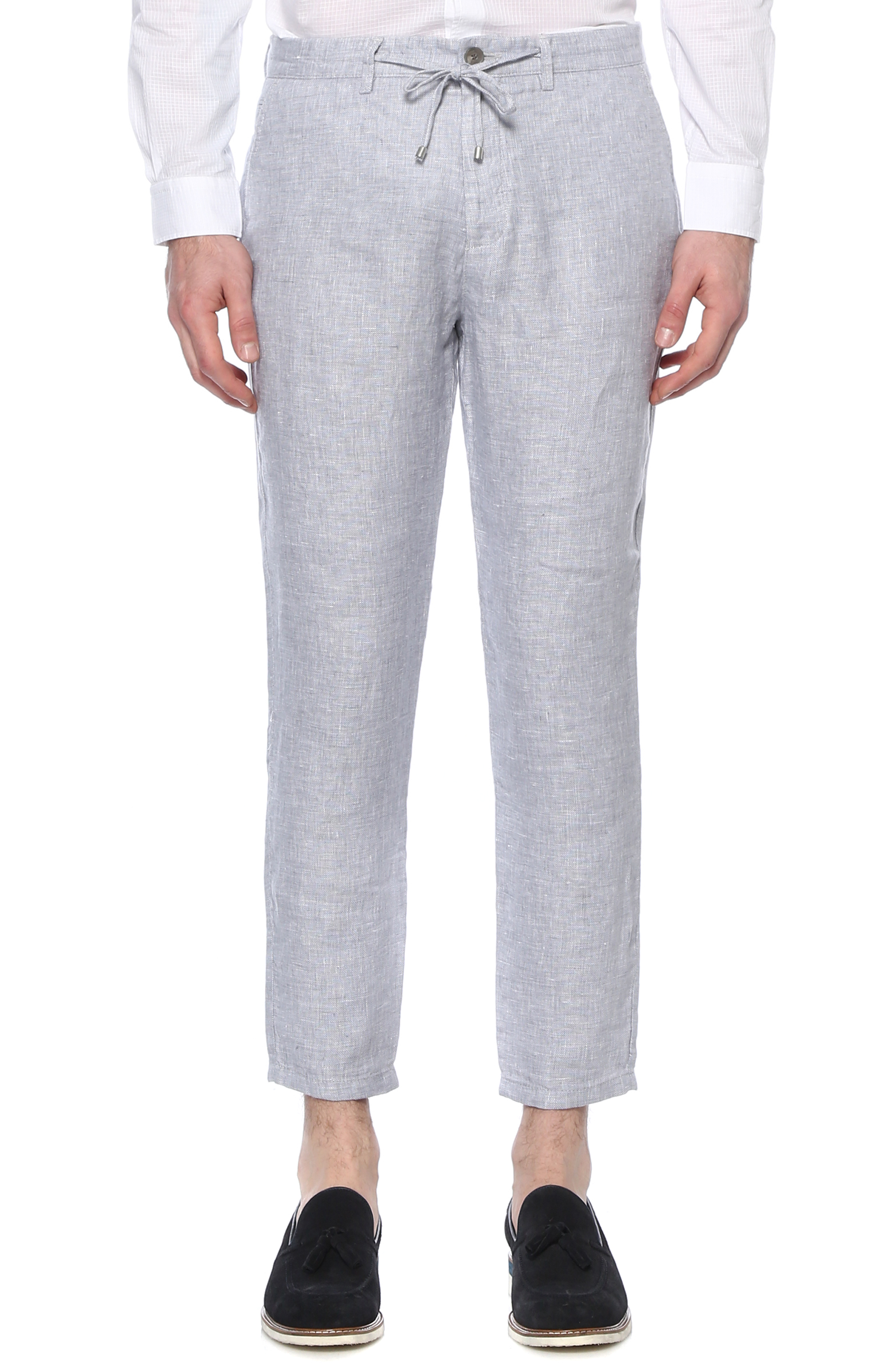 Regular Fit Gri Kordonlu Keten Pantolon