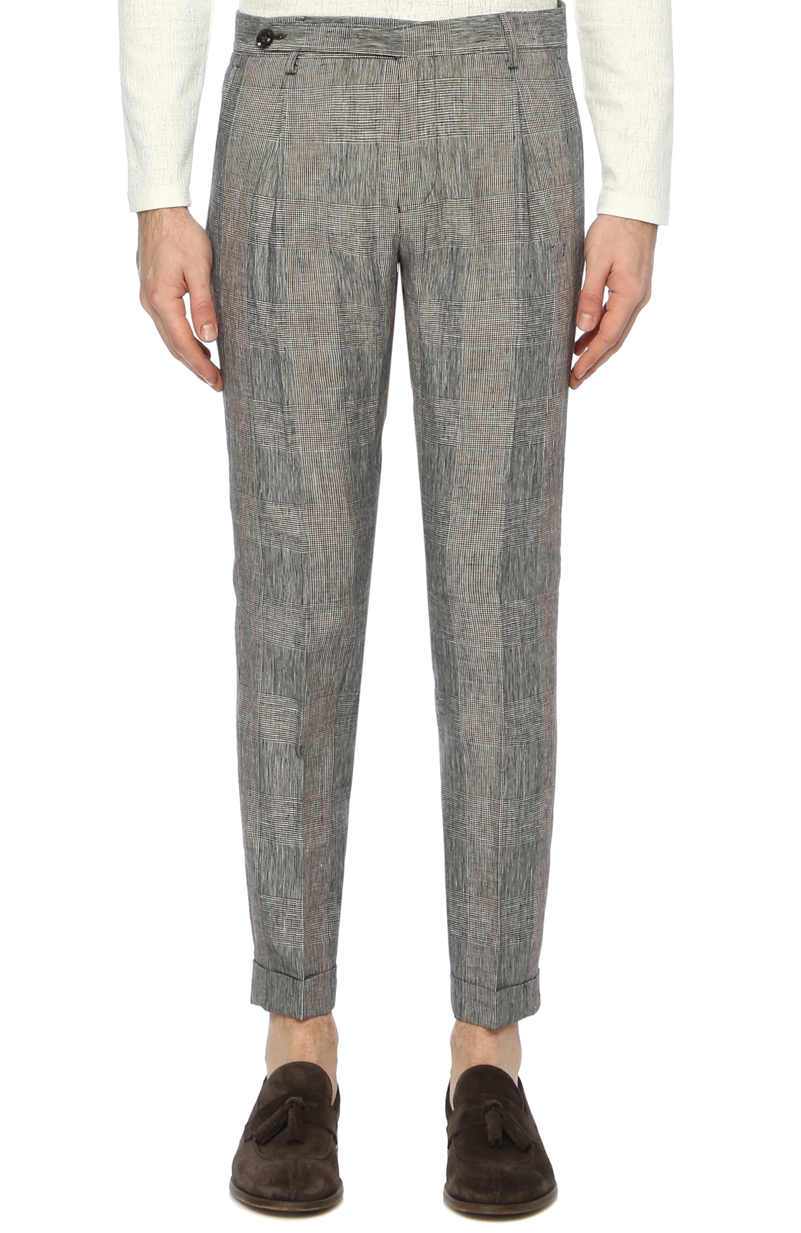 Slim Fit Gri Ekose Desenli Keten Pantolon Slim Fit Gri Ekose Desenli Keten Pantolon