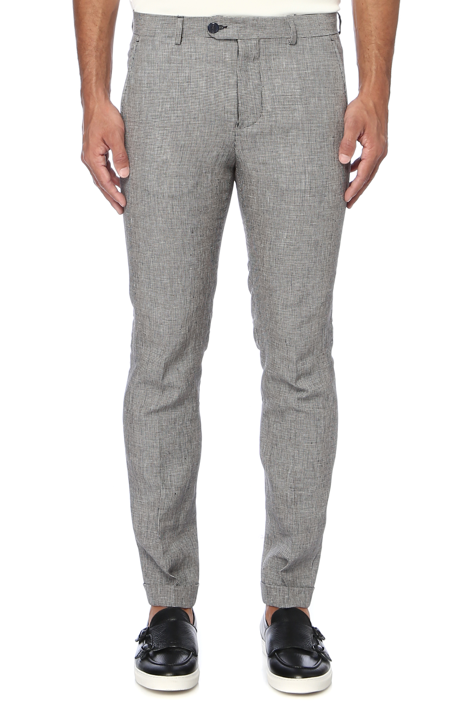 Slim Fit Lacivert Kazayağı Desenli Keten Pantolon Slim Fit Lacivert Kazayağı Desenli Keten Pantolon