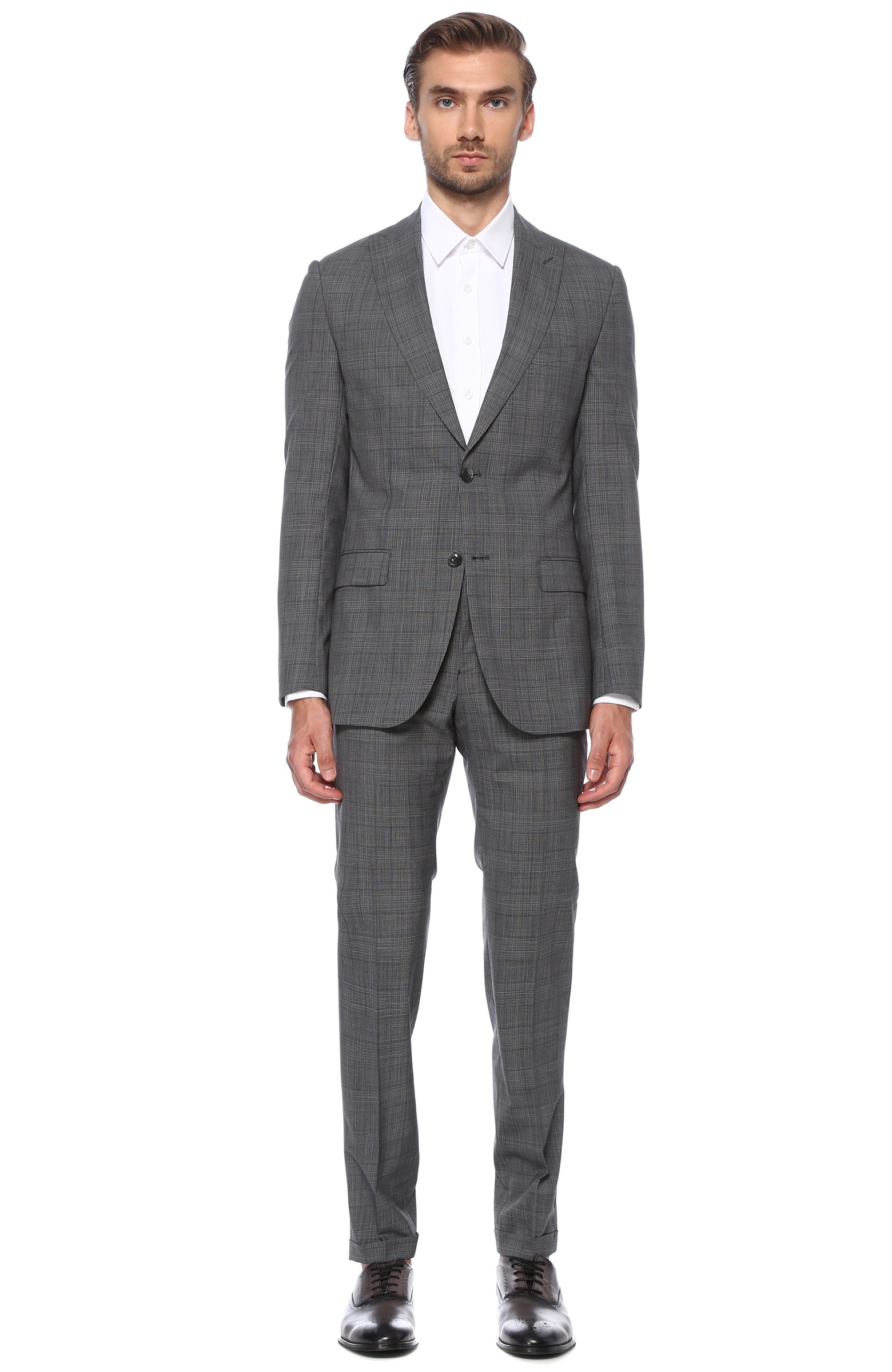 Gri Piklapel Yaka Ekose Takım Elbise