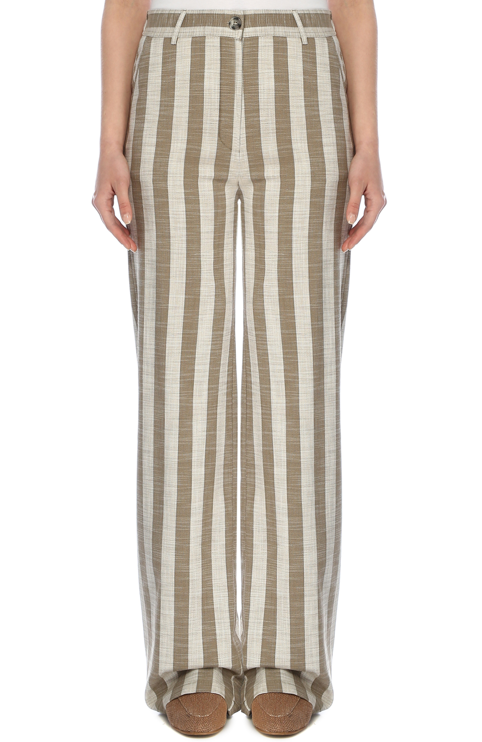 Basic Fit Haki Yüksek Bel Çizgili Pantolon