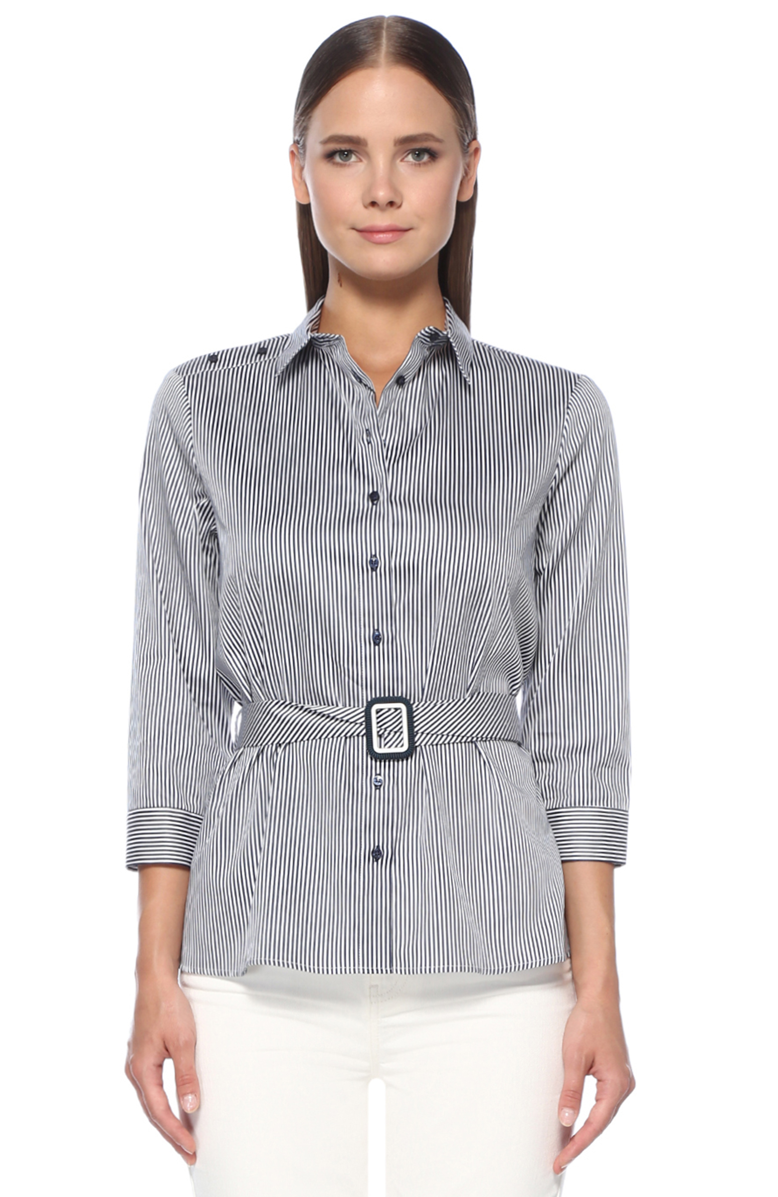 Lacivert Beyaz Çizgili Beli Kemerli Gömlek