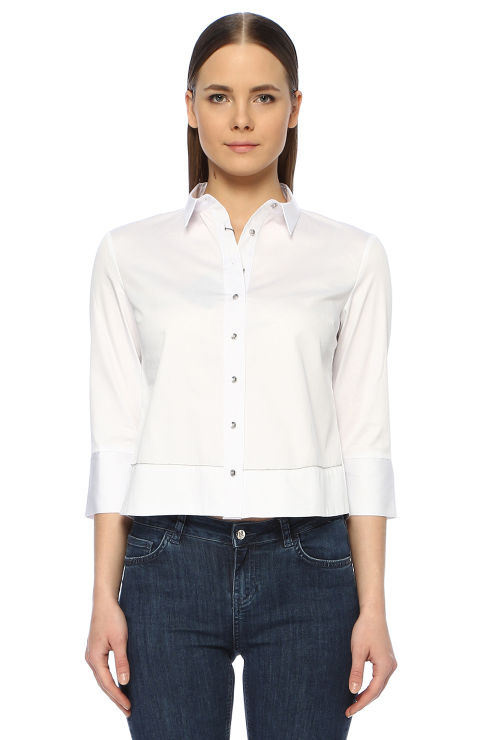 Basic Fit Beyaz Yırtmaç Detaylı Gömlek Basic Fit Beyaz Yırtmaç Detaylı Gömlek