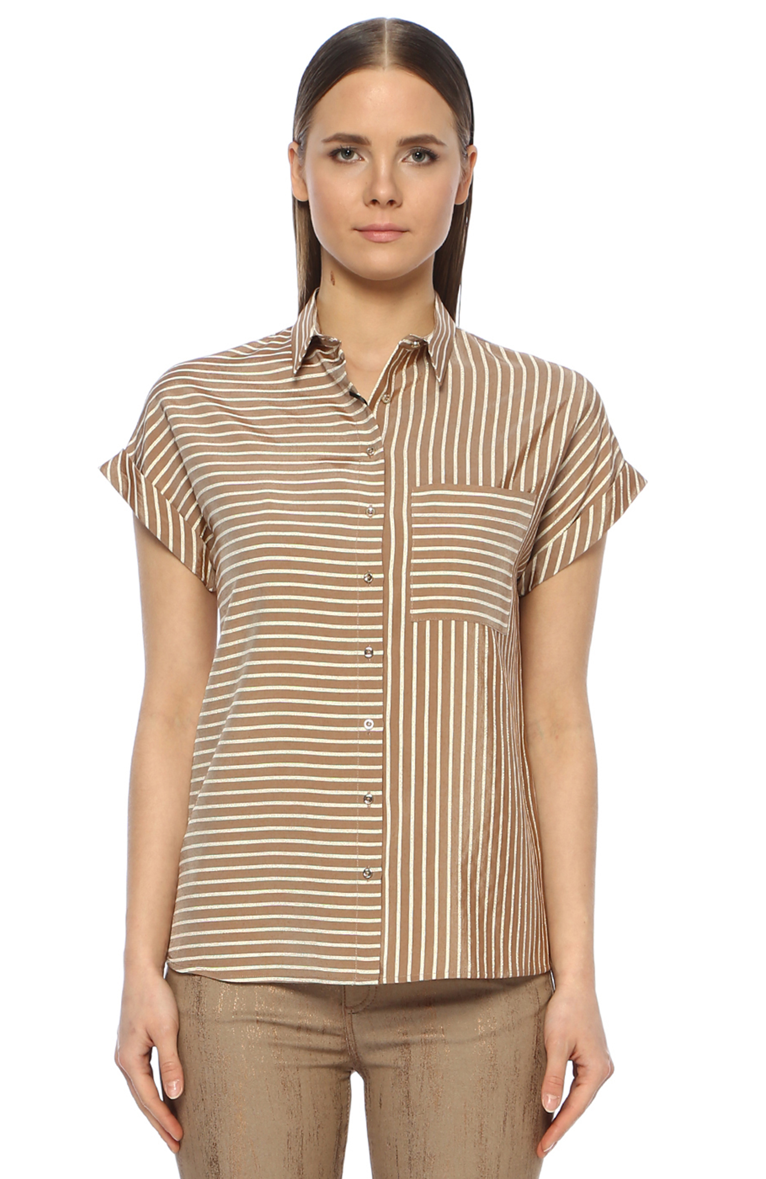 Basic Fit Bej Çizgili İngiliz Yaka Gömlek