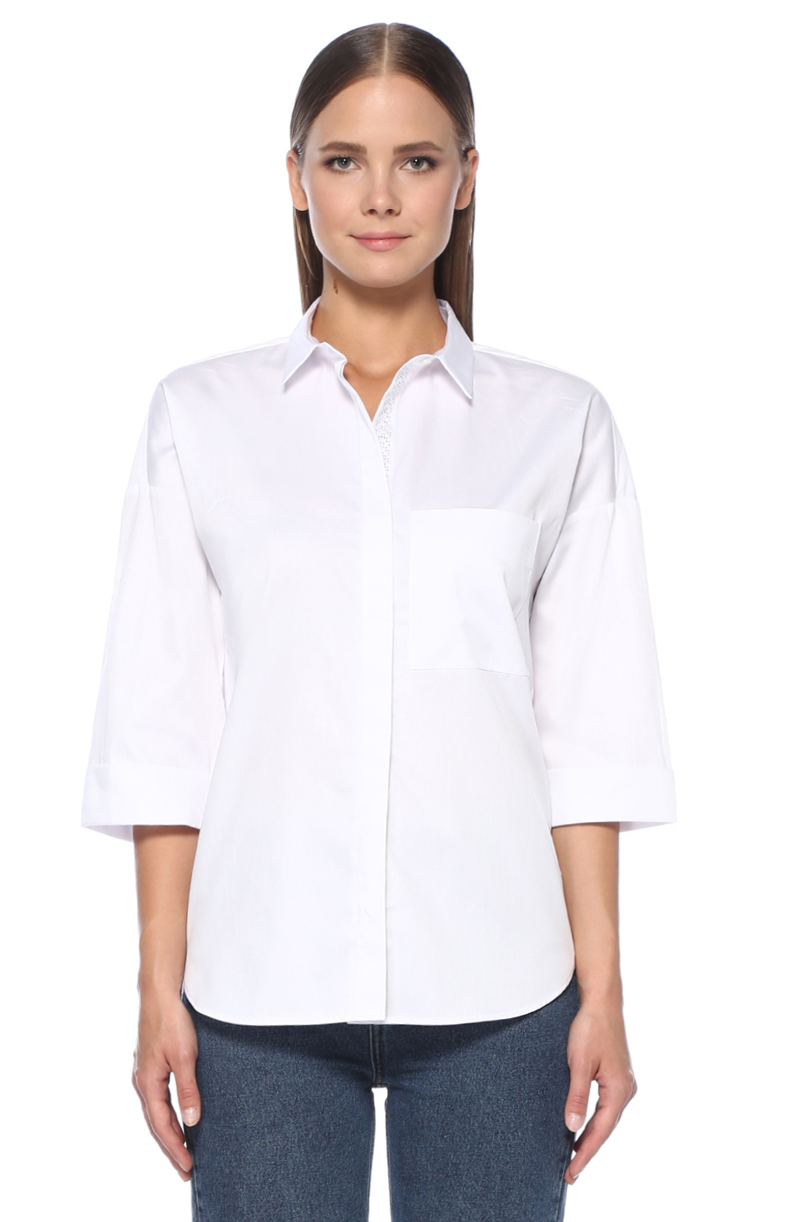 Beyaz İngiliz Yaka Truvakar Kollu Gömlek Beyaz İngiliz Yaka Truvakar Kollu Gömlek