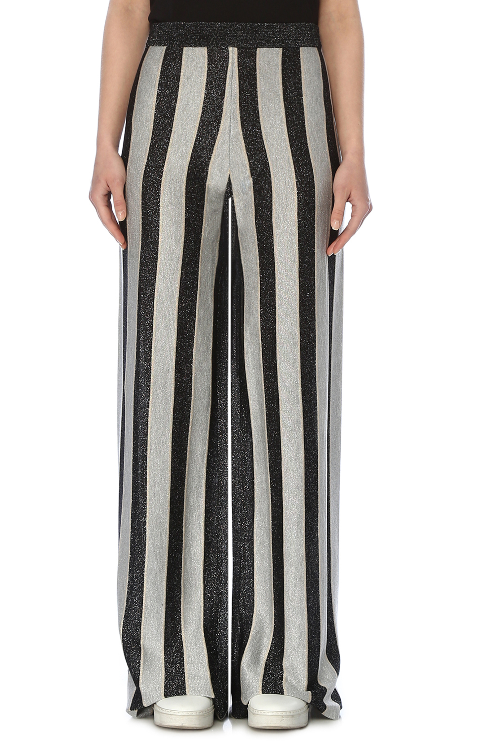 Basic Fit Siyah Gri Çizgili Bol Paça Pantolon