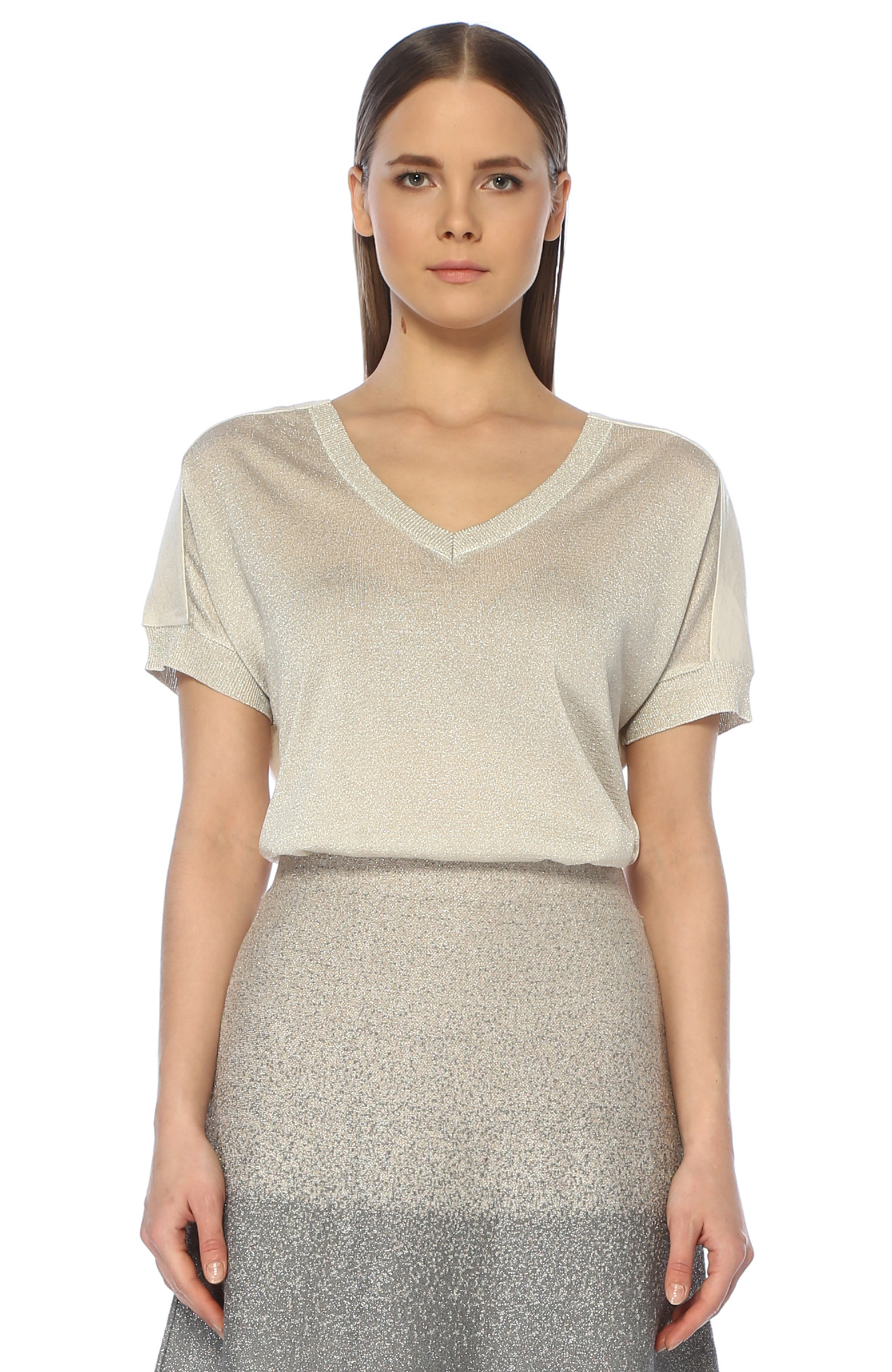 Basic Fit Bej V Yaka Kısa Kollu Kazak