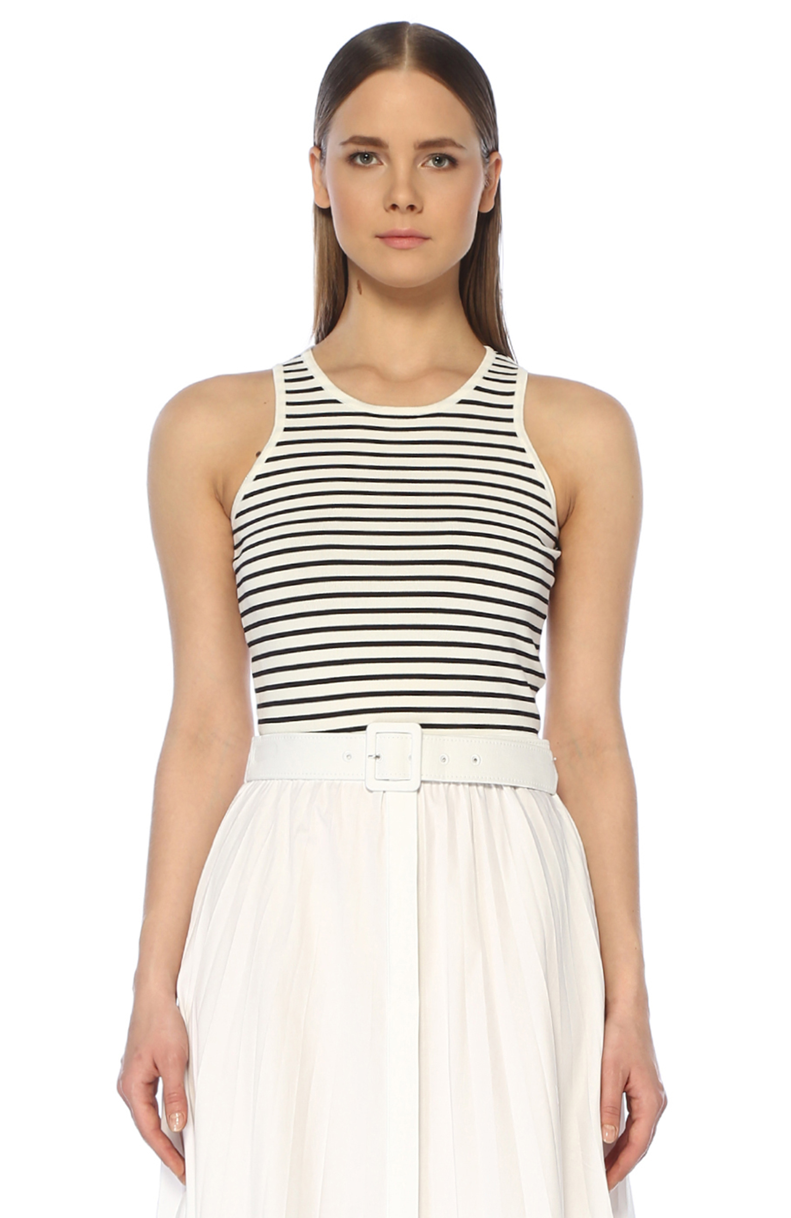 Slim Fit Lacivert Beyaz Çizgili Kolsuz Triko