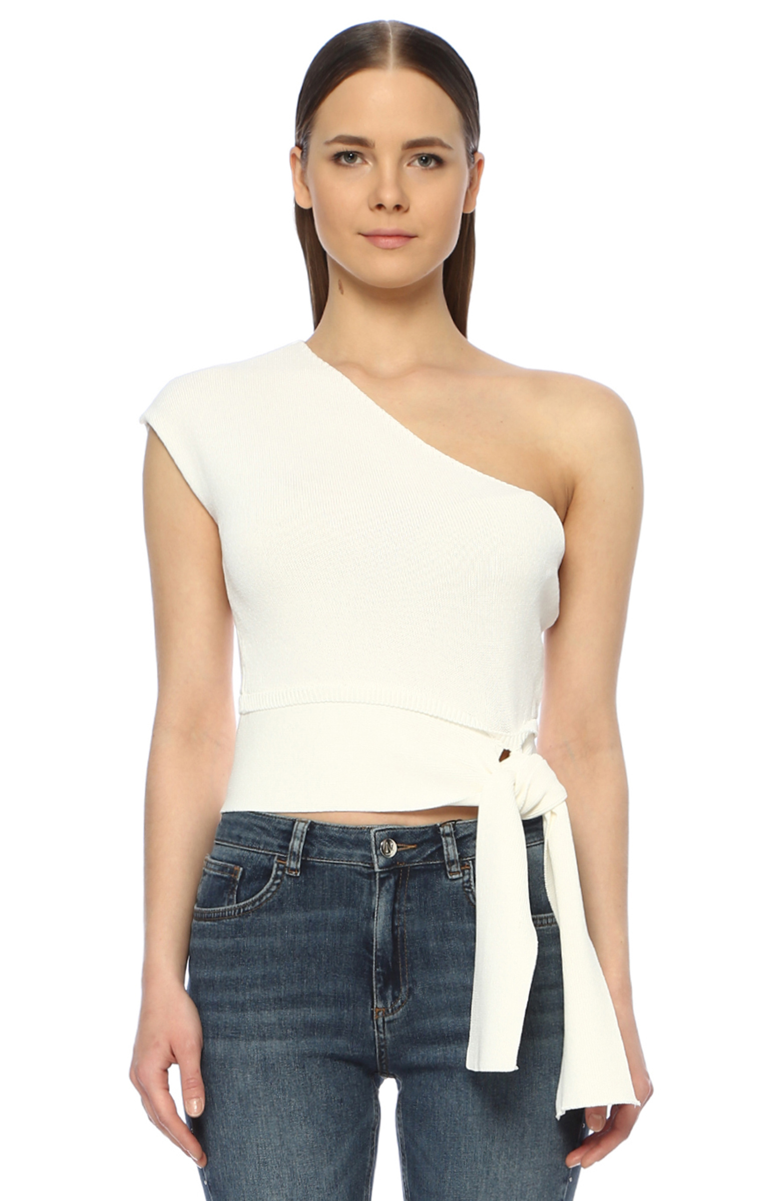 Slim Fit Beyaz Tek Omuzlu Triko