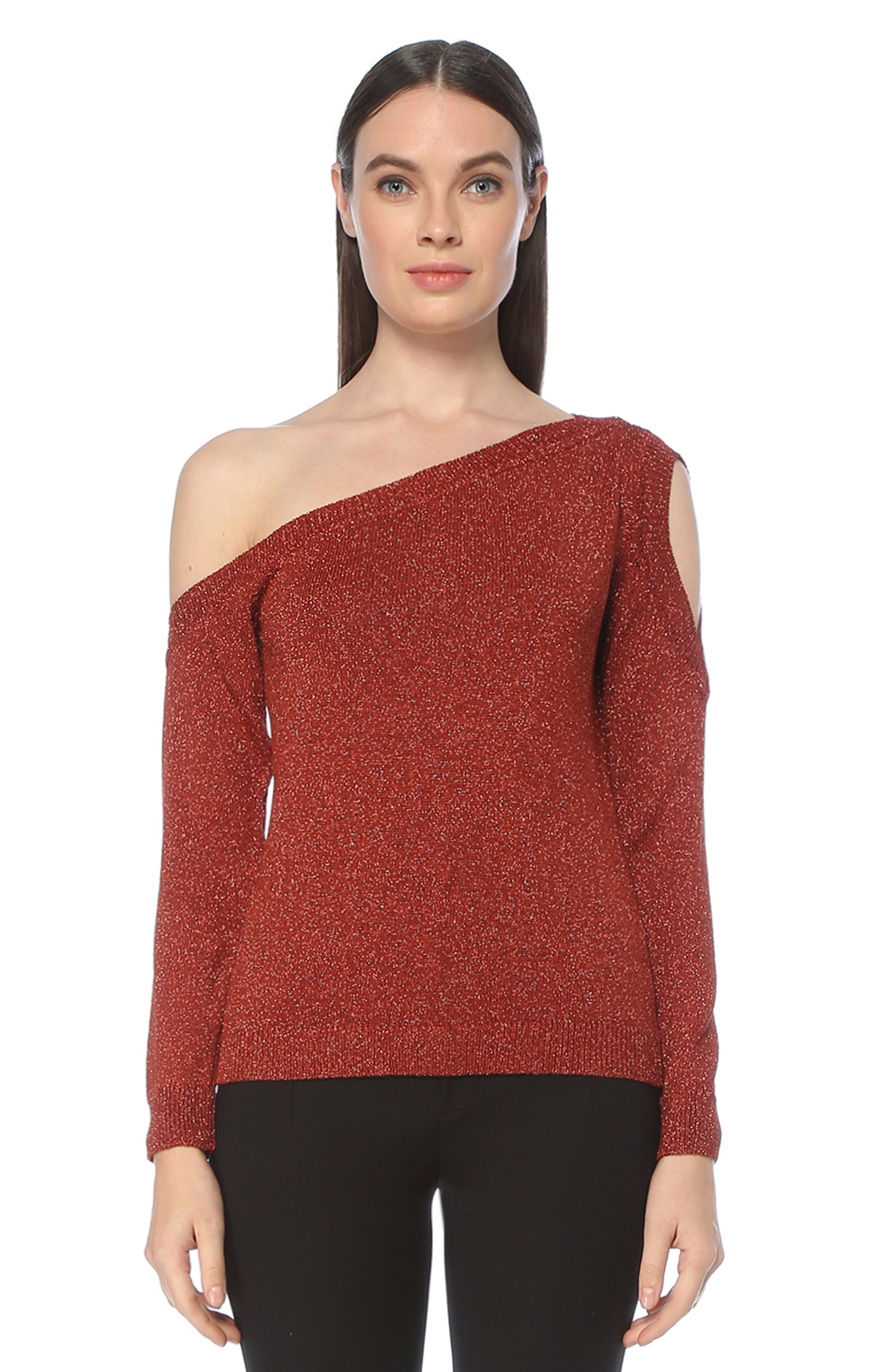 Kiremit Kayık Yaka Tek Omuzlu Simli Kazak Kiremit Kayık Yaka Tek Omuzlu Simli Kazak