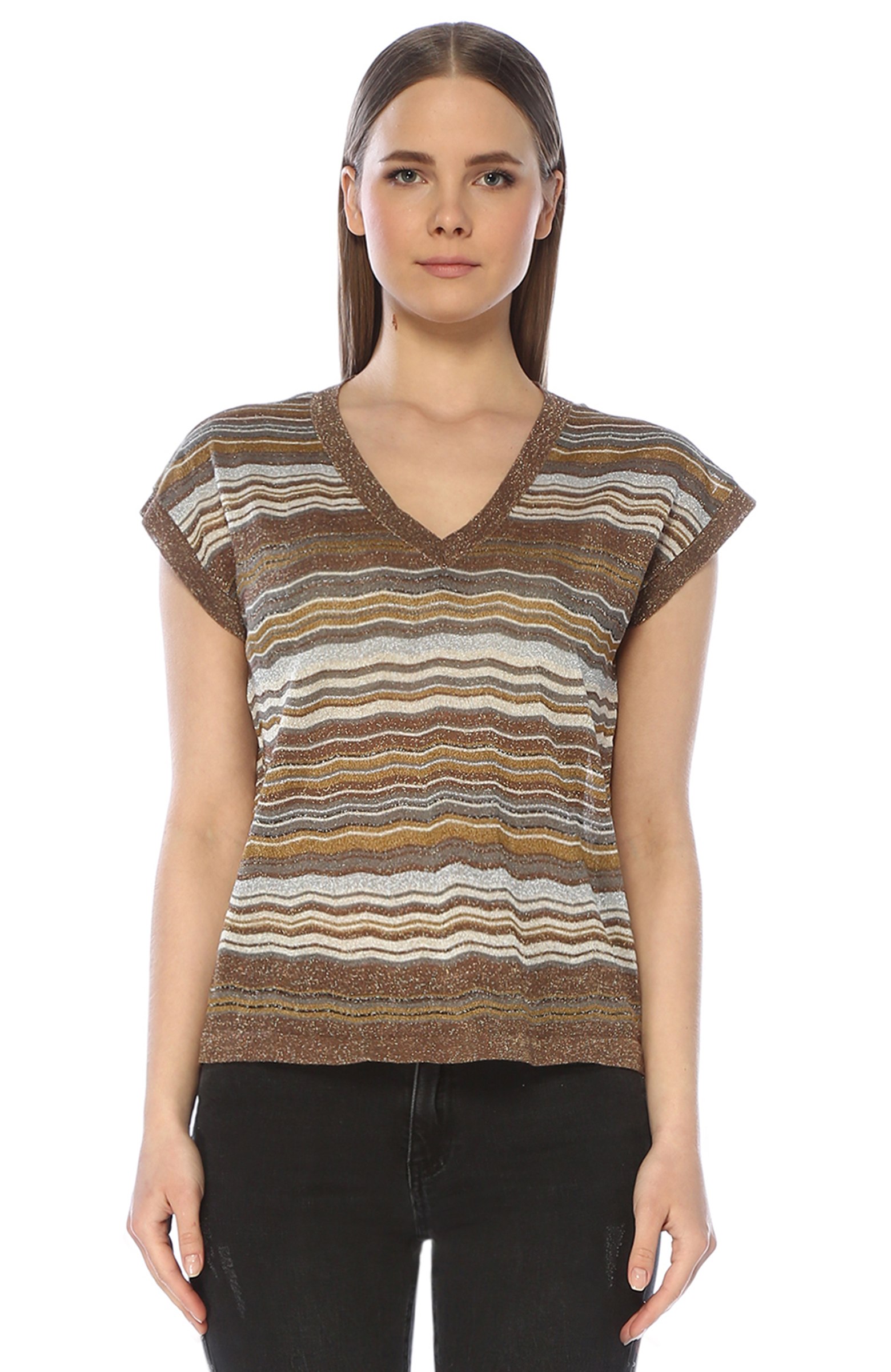 Basic Fit Haki Kahverengi V Yaka Kısa Kollu Triko Basic Fit Haki Kahverengi V Yaka Kısa Kollu Triko