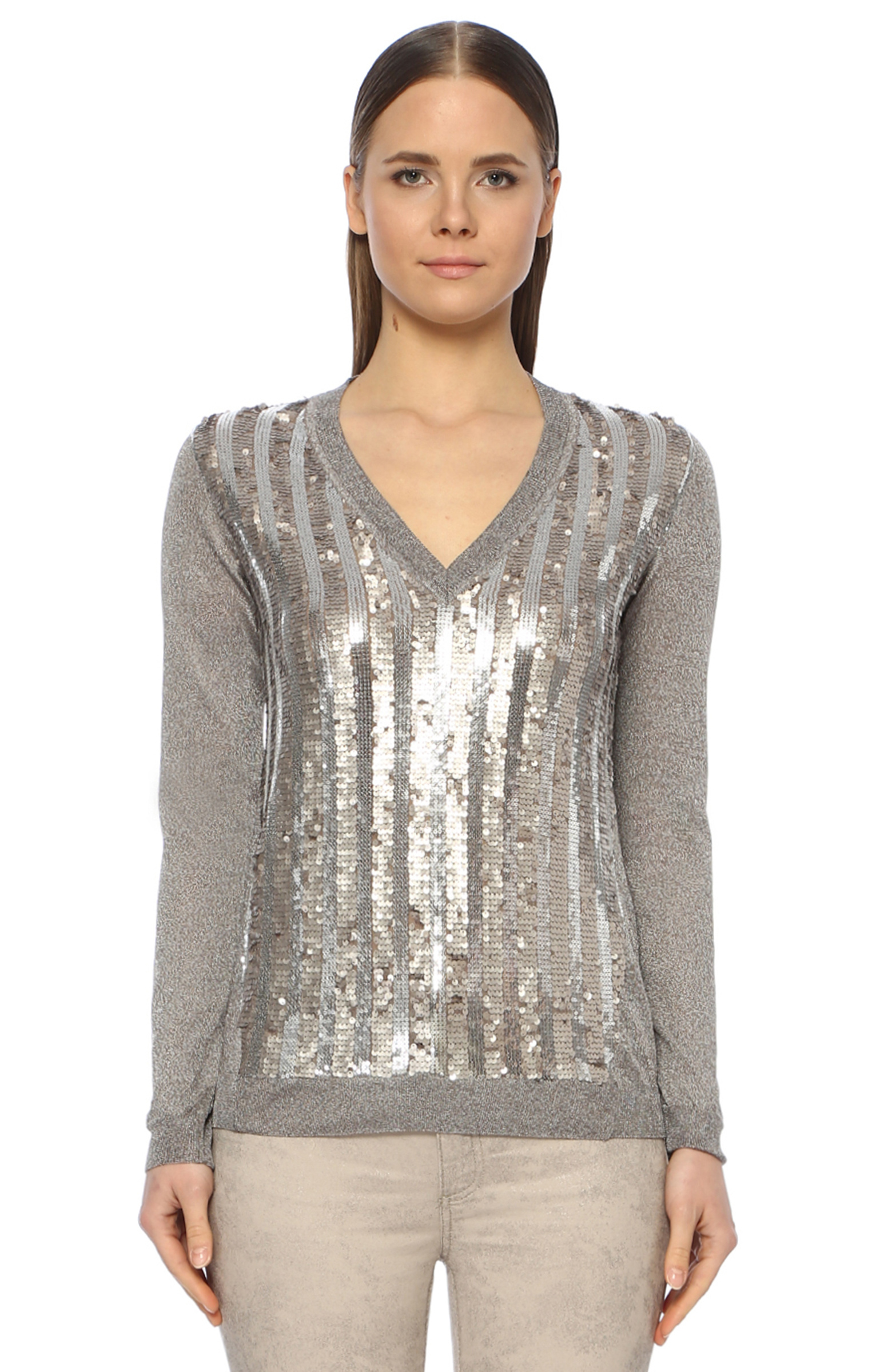 Basic Fit Gri Payetli Kazak Basic Fit Gri Payetli Kazak