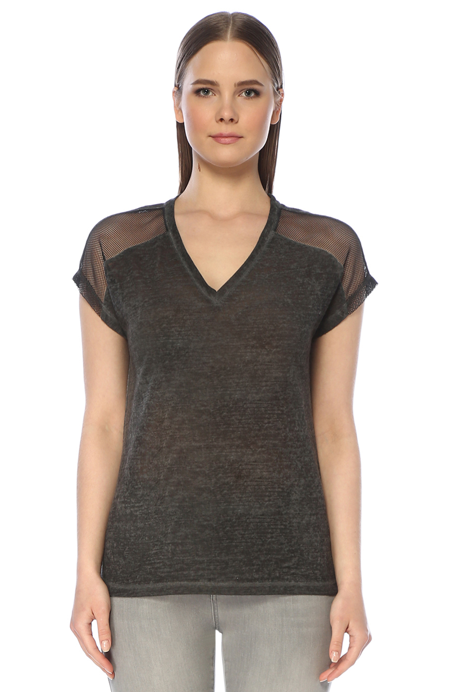 Antrasit V Yaka Omzu File Garnili T-shirt Antrasit V Yaka Omzu File Garnili T-shirt