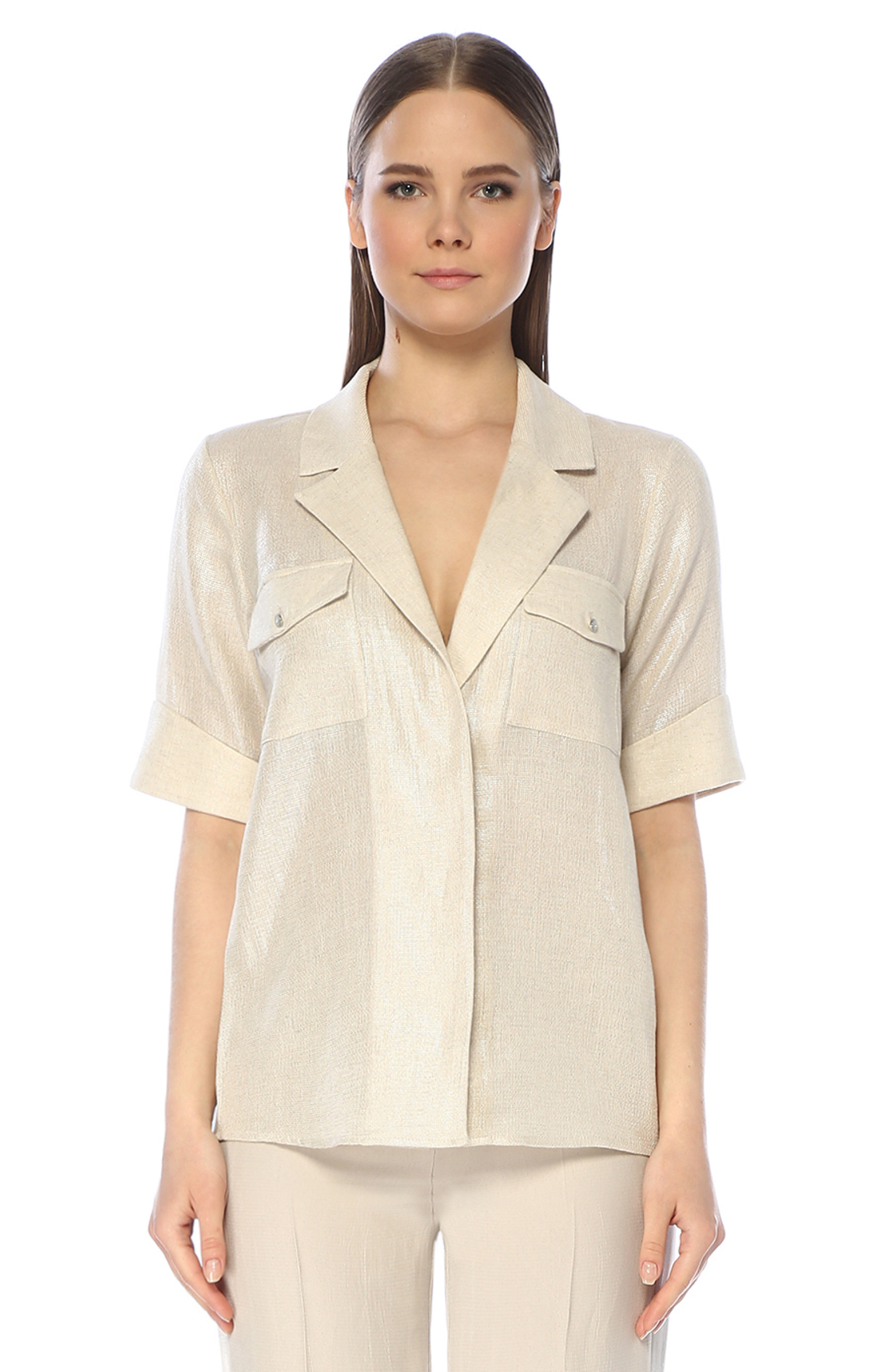 Bej Kamp Yaka Keten Bluz