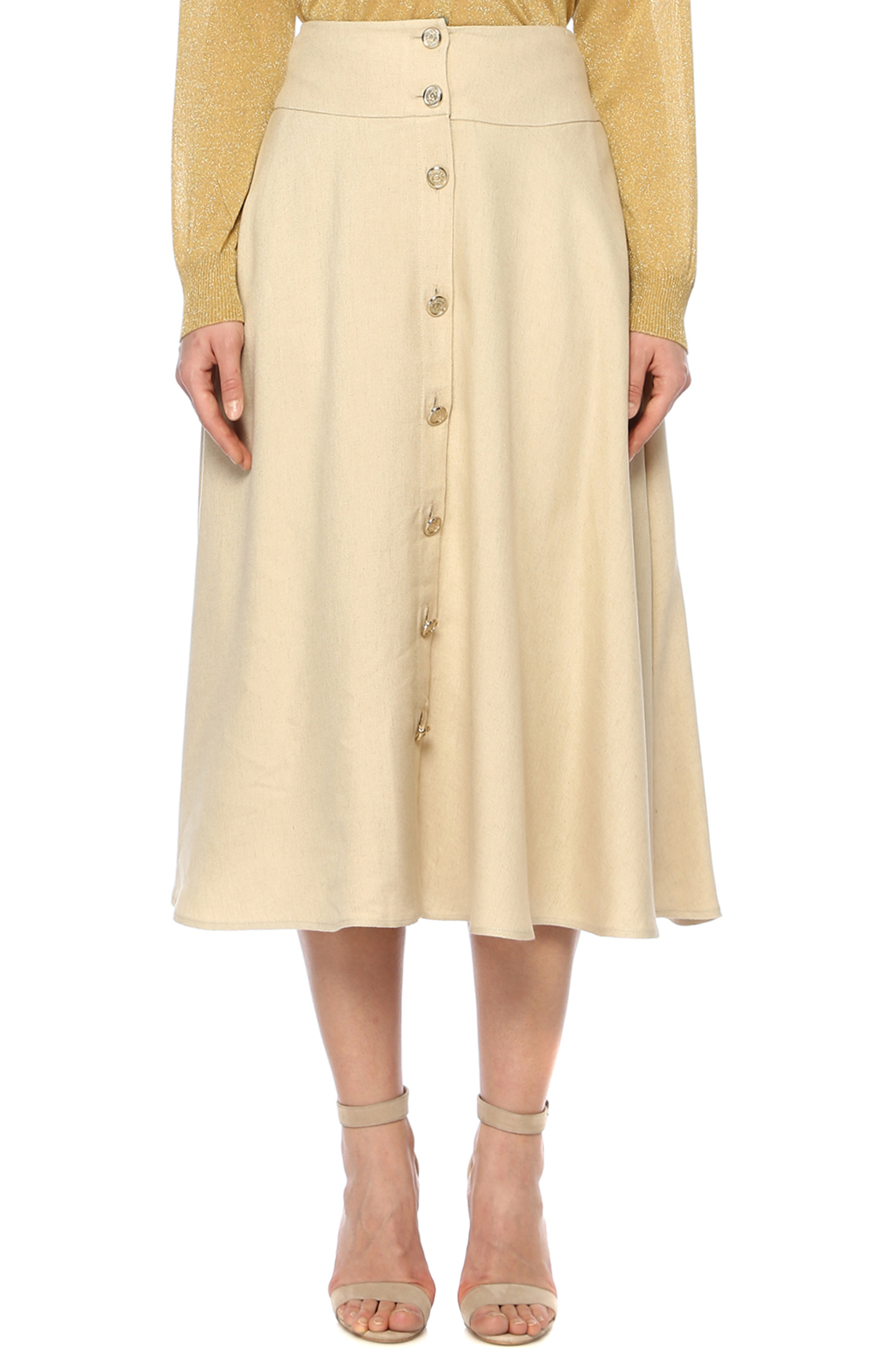 Regular Fit Bej Çan Kesim Midi Etek