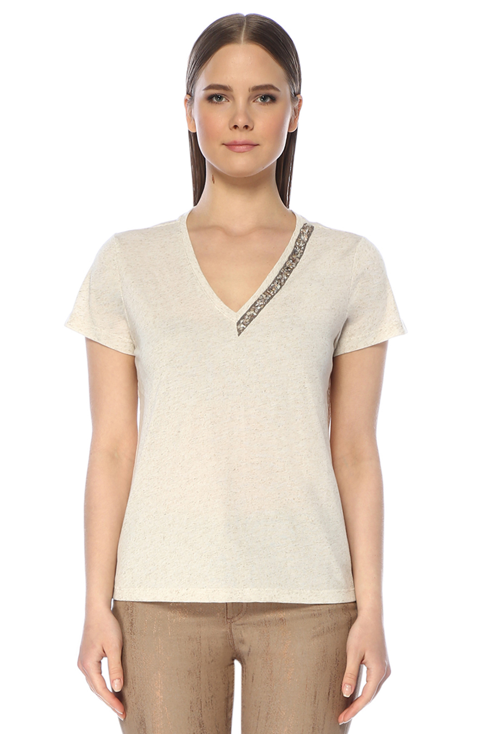 Bej V Yaka İşleme Şerit Detaylı T-shirt