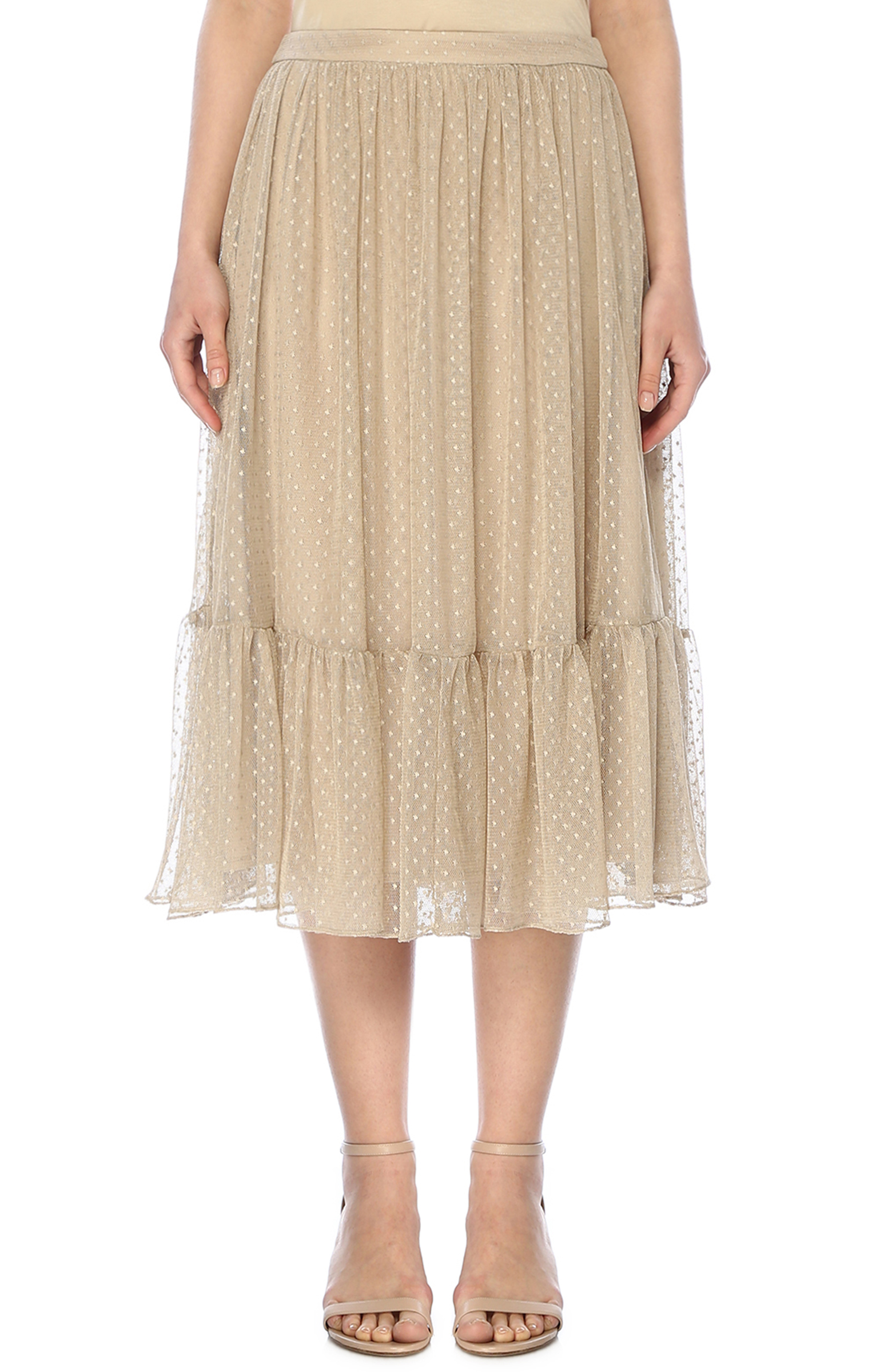 Bej Puantiye Desenli Midi Etek