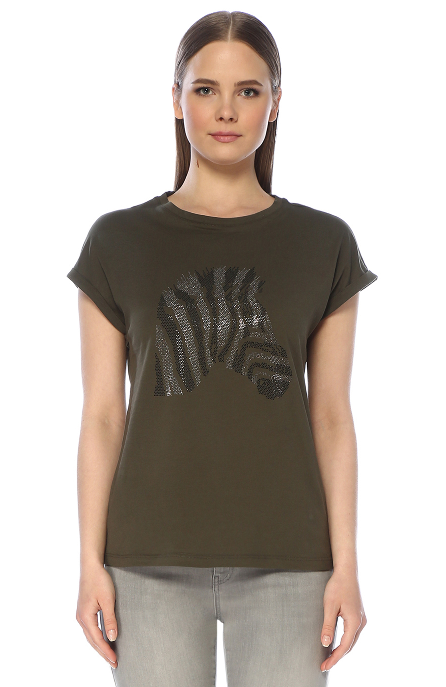 Haki Taş İşlemeli Zebra Detaylı Kolsuz Tshirt Haki Taş İşlemeli Zebra Detaylı Kolsuz Tshirt