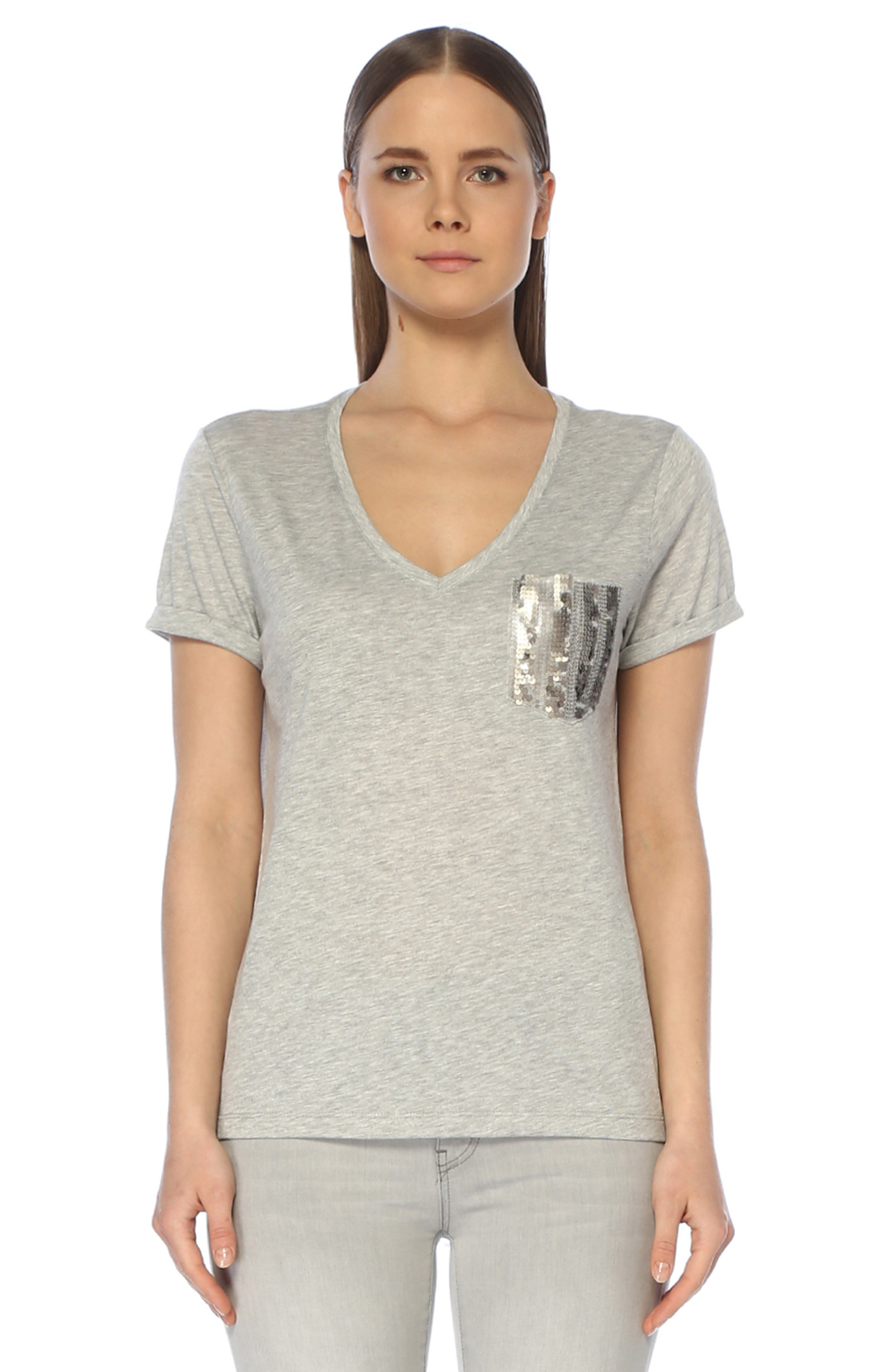 Gri Payet Detaylı Basic T-shirt Gri Payet Detaylı Basic T-shirt