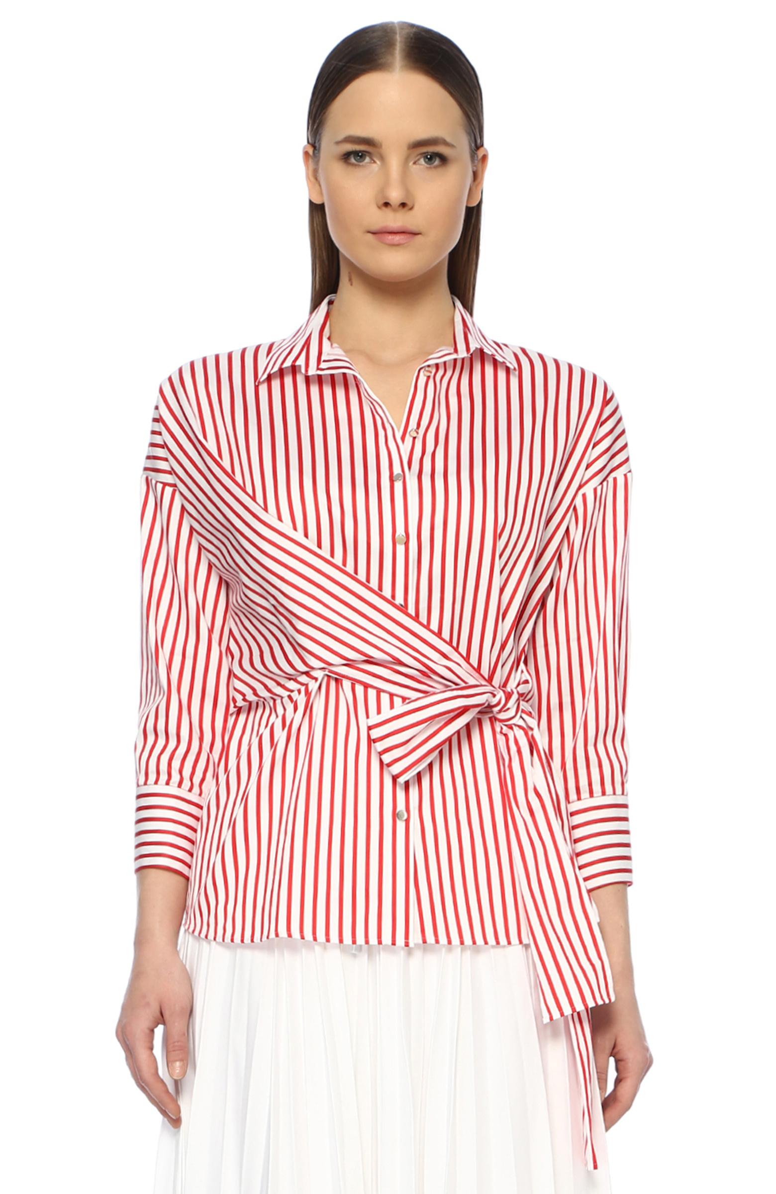 Regular Fit Çizgili Bağlama Detaylı Gömlek Regular Fit Çizgili Bağlama Detaylı Gömlek